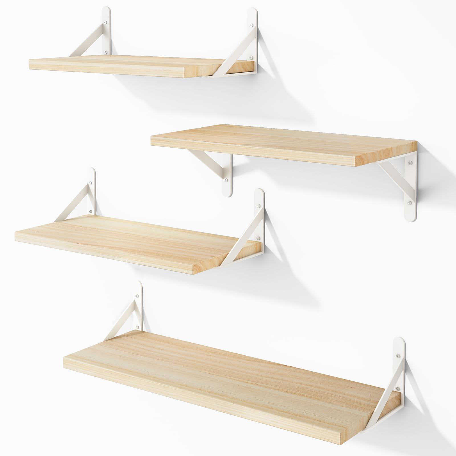 YGEOMER Floating Shelves for Wall, Natural Wood Wall Shelves Different Sizes, Wall Mounted Wood Shelf for Living Room, Bathroom, Bedroom, Kitchen, Home Decor (Set of 4)