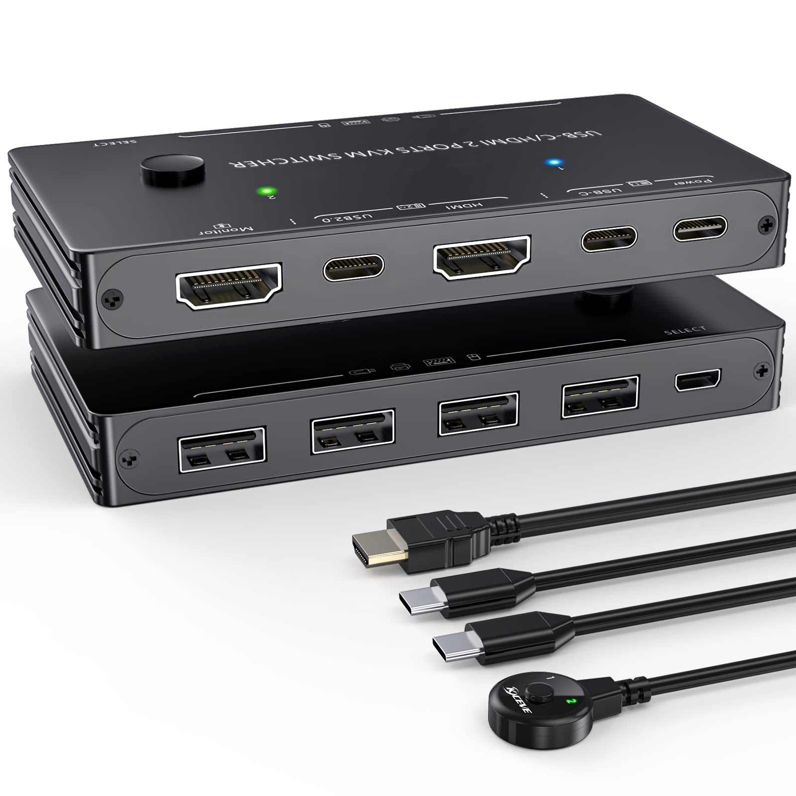 USB C+HDMI KVM Switch 4K@60Hz 2K@120Hz,Camgeet KVM Switch for 2 Computers Share 1 Monitor and 4 USB Devices,with 100 W Power Delivery,Wired Remote and 3 Cables Included