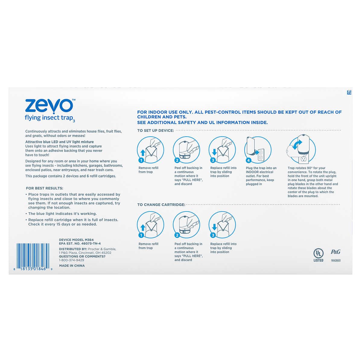 Zevo Flying Insect Trap, Fly Trap, Fruit Fly Trap (2 Plug-in Bases + 6 Refill Cartridges)