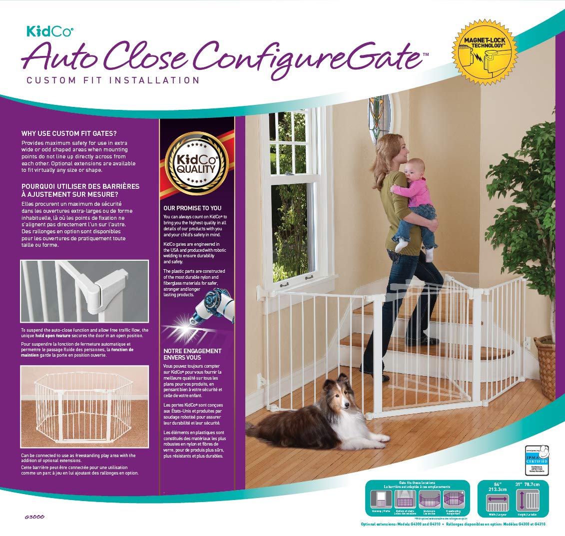 KidCo G3000 Auto Close Configure Gate w/ 30" Door - Wide Area Baby Gate Enclosure (White)