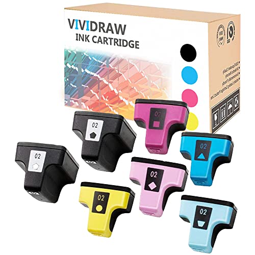 VIVIDRAW 7 Pack HP 02 Compatible Ink cartridges Replacement for HP Photosmart C5180 C7280 C6280 C6180 D7360 D7460 8250 C7200 Printer