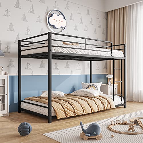 JURMERRY Metal Bunk Bed Twin Over Twin Beds with Sturdy Guard Rail & Ladder, Space-Saving Design No Box Spring Needed,Black