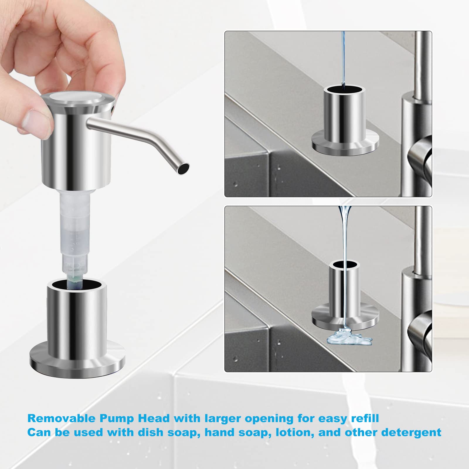 Soap Dispenser for Kitchen Sink with 304 Stainless Steel Pump Head, fit 1ββ-3'' Thick Countertop, Built in Soap Pump with Continuous Extension Tube & Large Capacity Bottle in Brushed Nickel