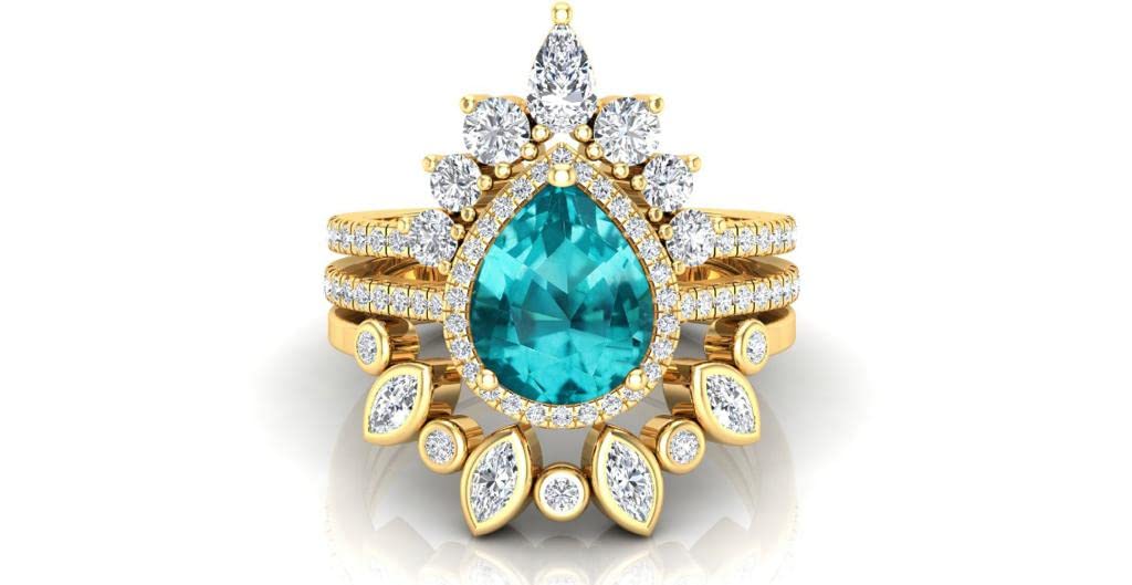 Pear 10x8mm Lab Grown Paraiba Tourmaline Engagement Ring Set, Antique 3Pcs Wedding Ring Set For her, Vintage Halo Ring, Teardrop Stone Ring (WHITE, 8)