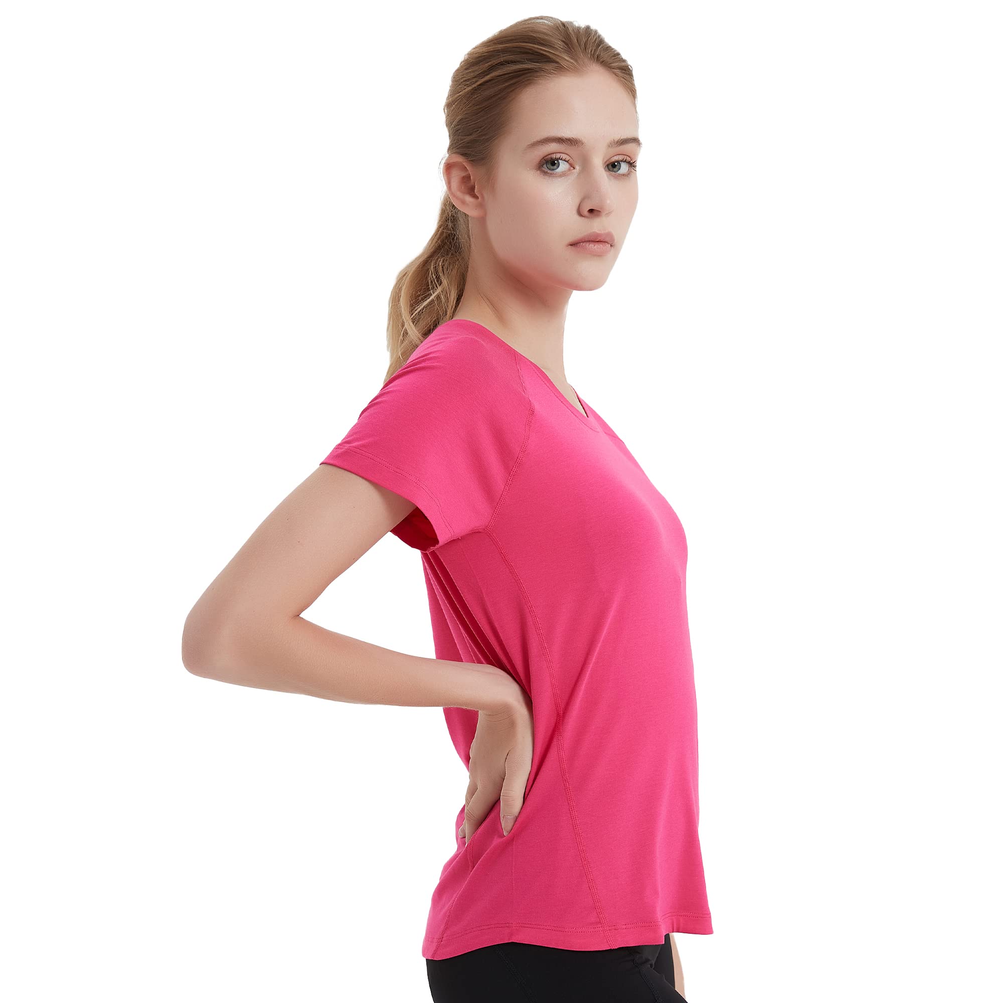 netdraw Women's Ultra-Soft Bamboo Workout T-Shirt Seamless Yoga Running Gym Athletic Casual Short Sleeve Tops(Rose Red, Medium)