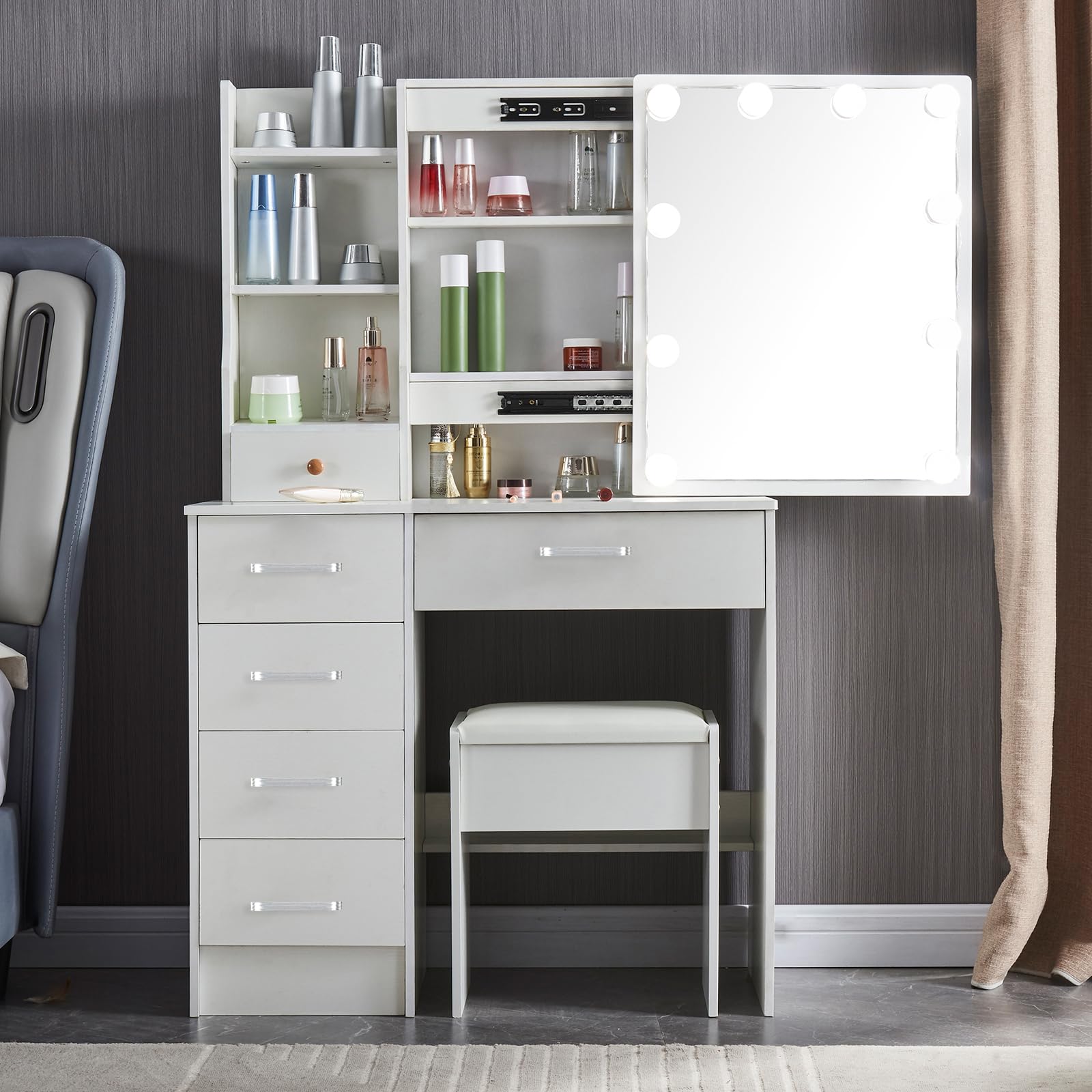 Kkonetoy White Modern Makeup Vanity Desk with Lights and Mirror, Vanity Dressing Table with Cushioned Stool, Makeup Vanity Table Set with Drawers for Girls Bedroom