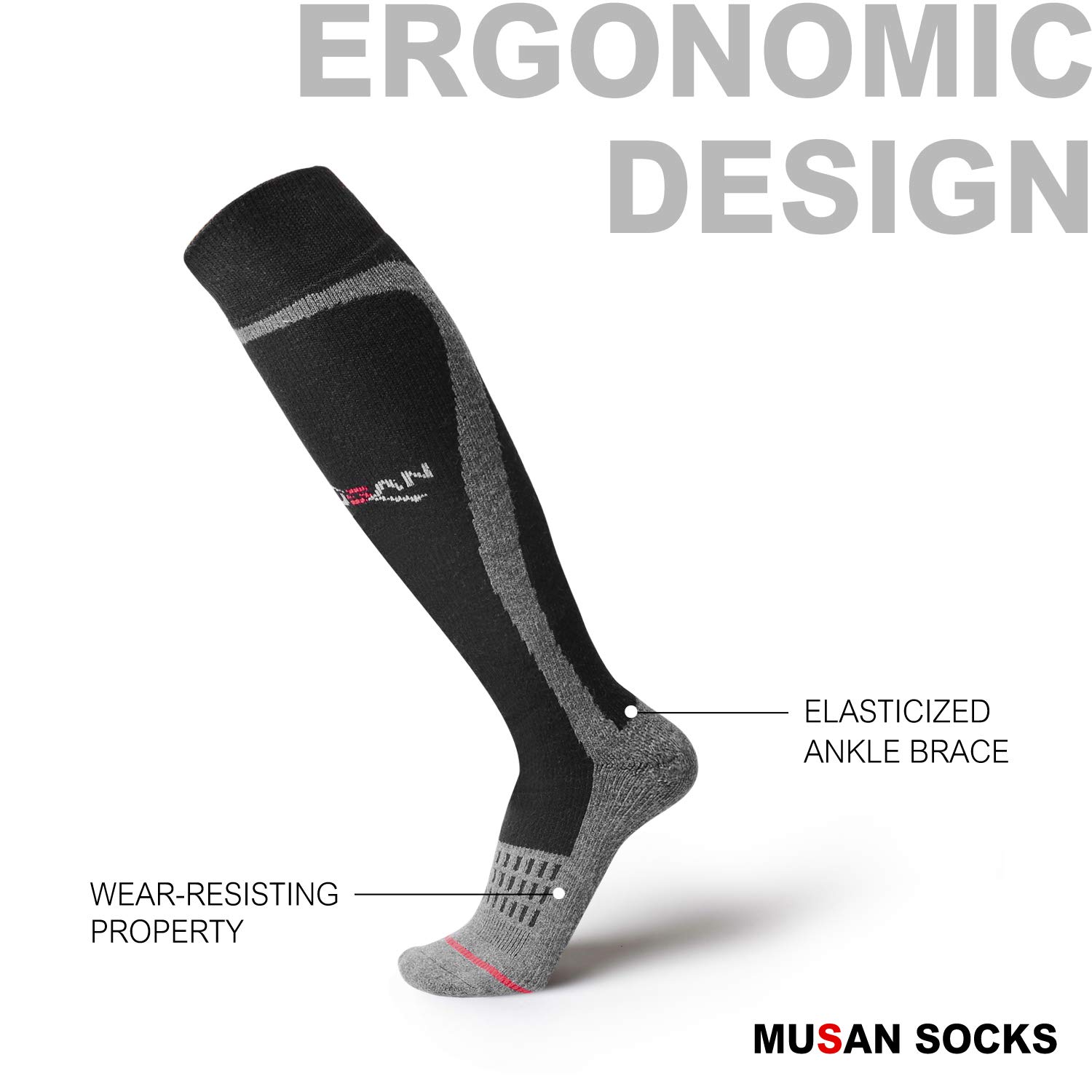 MUSAN Wool Ski Socks,Extra Warm Knee High Performance Snow Skiing/Snowboard Socks in Outdoor,Fit for Men and Women,19Black-3Pack, Size:M