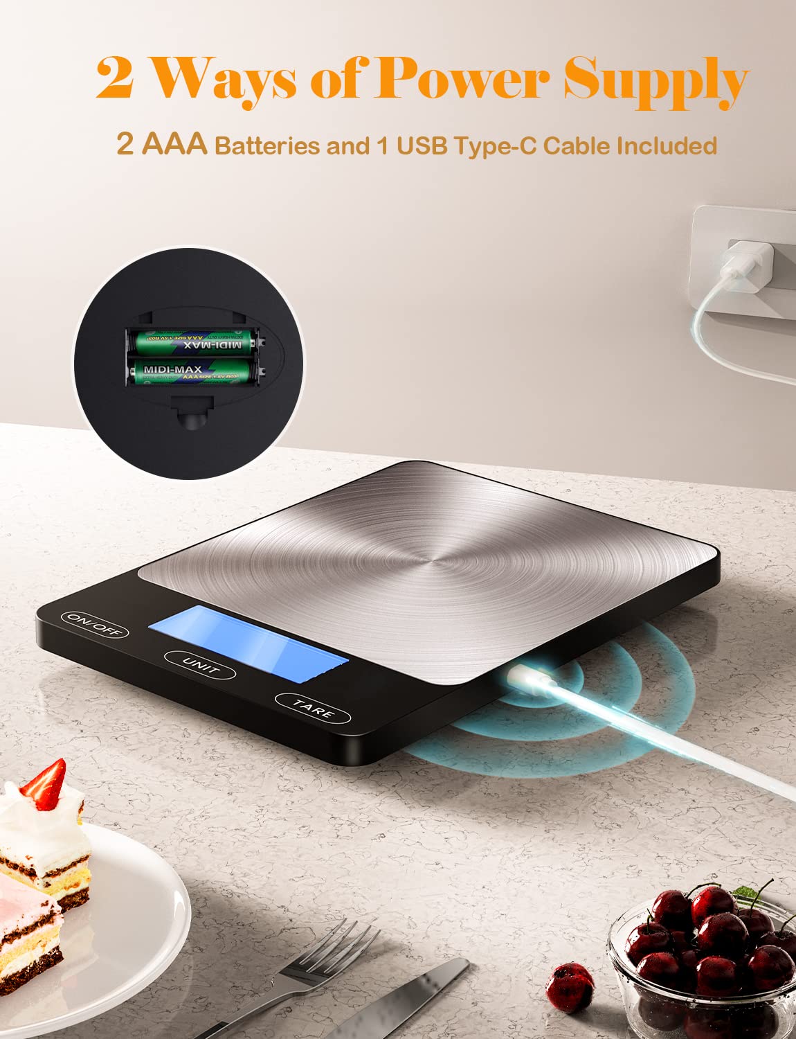 JSK 33lb Digital Food Scale, Rechargeable Kitchen Scale for Food Ounces and Grams, 304 Stainless Steel for Cooking Baking, Batteries and Type-C Charging Cable Included