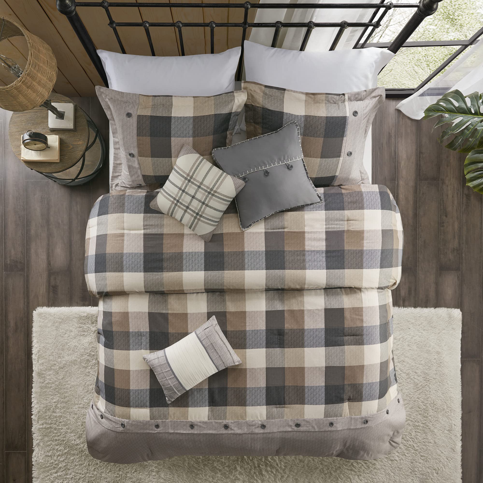 Madison Park Ridge Comforter Set-Cabin Lodge Plaid Herringbone Design All Season Down Alternative Cozy Bedding with Matching Bedskirt, Shams, Decorative Pillow, King(104"x92"), Neutral 7 Piece