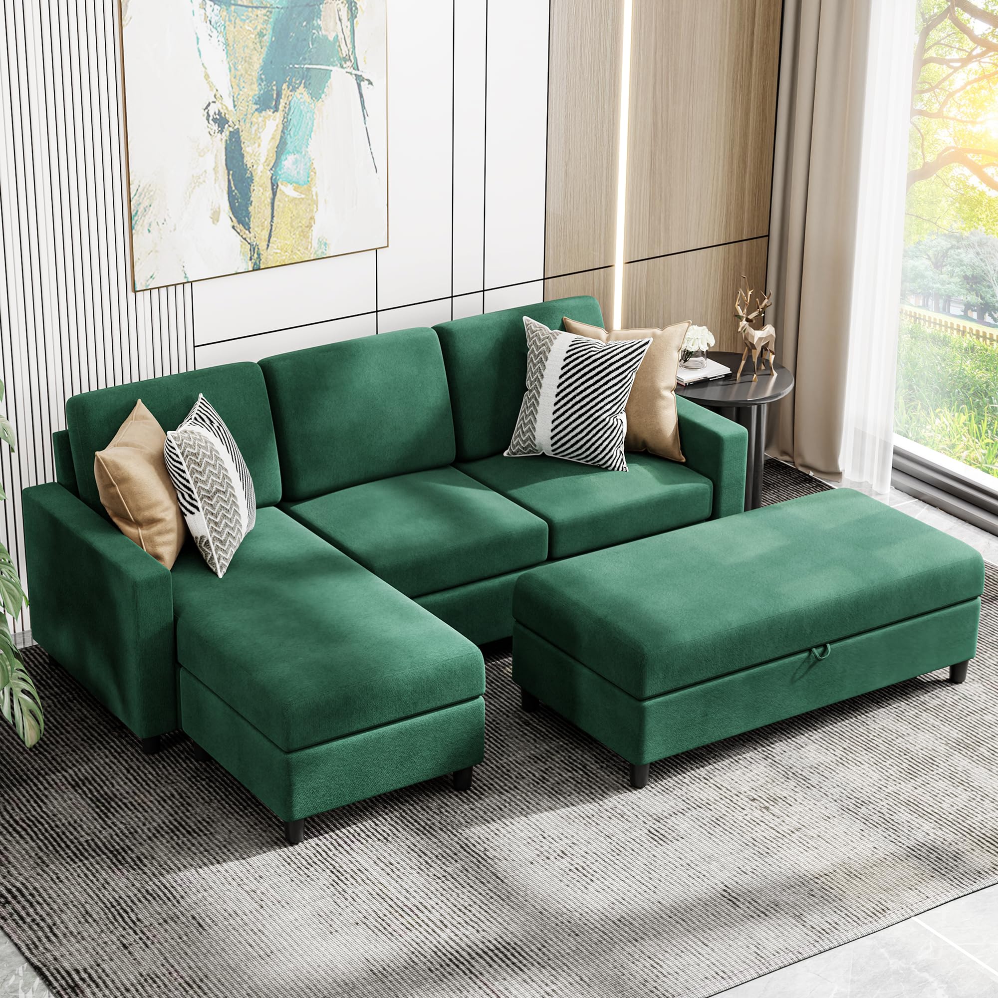 JAMFLY 79'' Sectional Sofa Couch with Storage Ottoman, Living Room Furniture Set Small Deep Convertible Sofa, L-Shaped Couch Wide Reversible Chaise with Linen Fabric (Deep Grey)