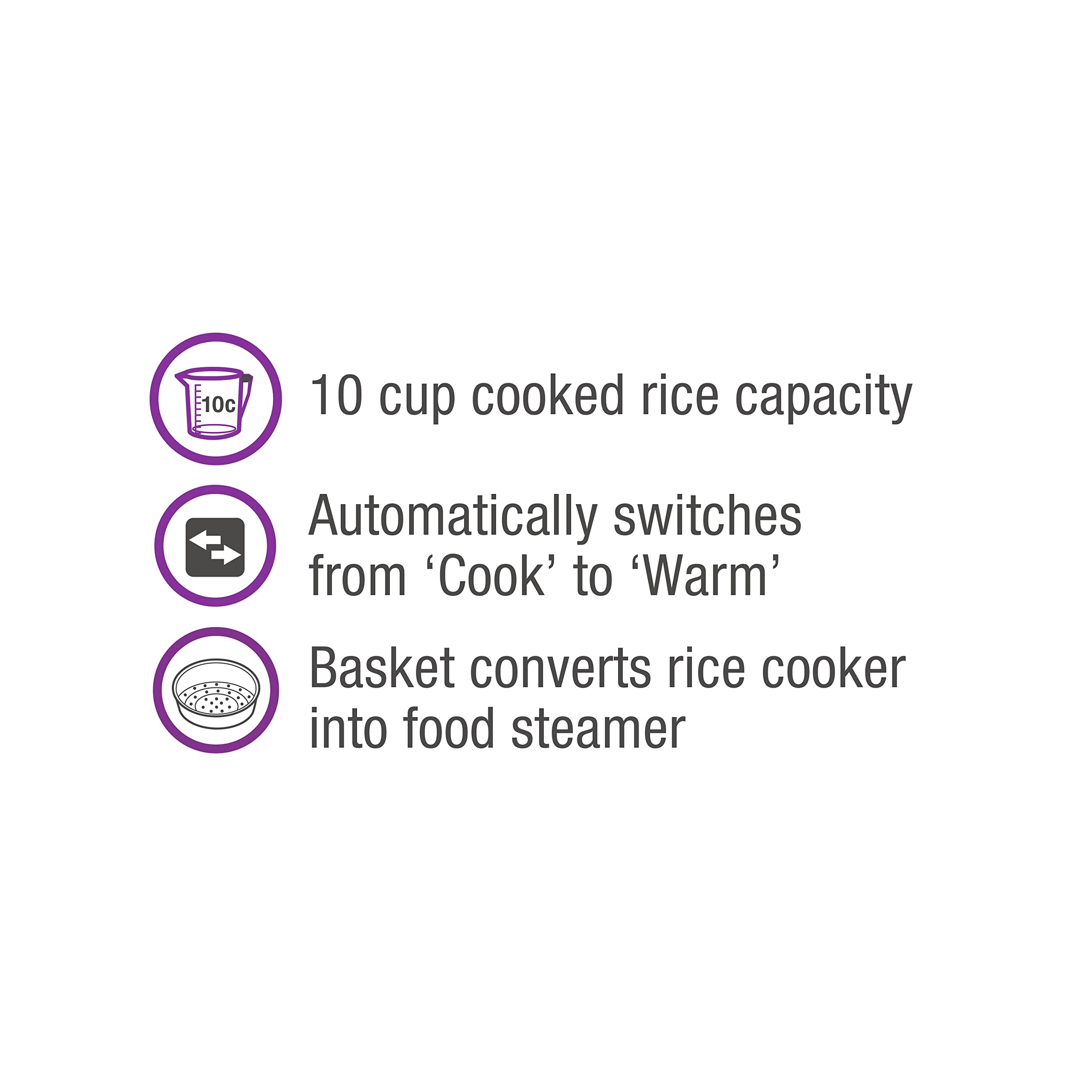 Salton 10 Cup Drum Style Automatic Rice Cooker with Food Steaming Basket, Measuring Cup & Spatula, Removable Non-Stick Cooking Bowl (RC2088)