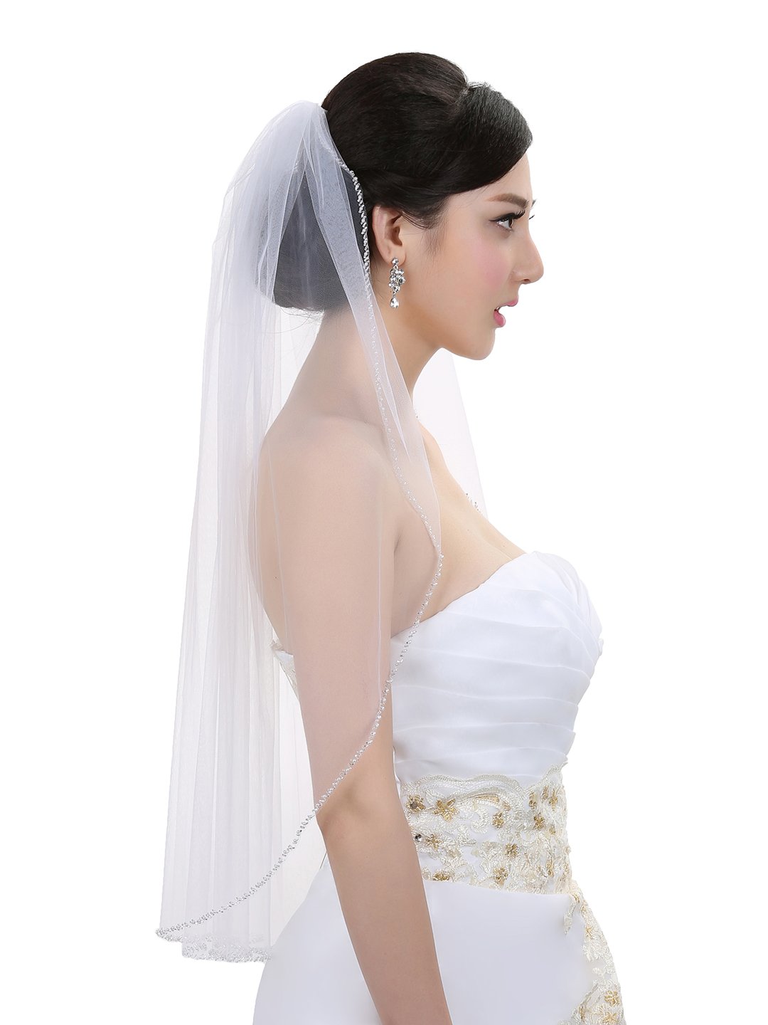 SAMKY 1T 1 Tier Pearls Bugle Beaded Wedding Veil V395 - Light Ivory Elbow Length 30"