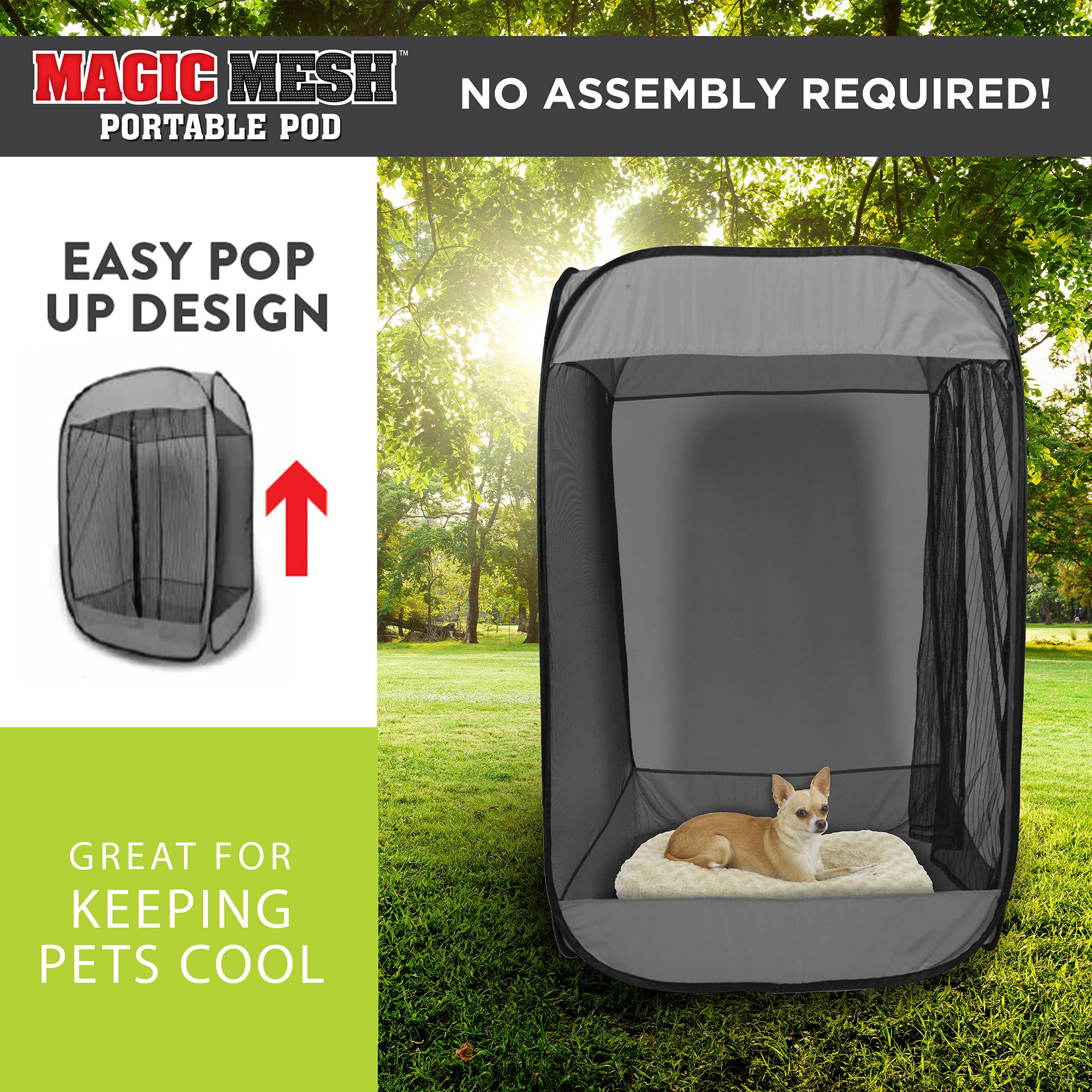Magic Mesh Personal Portable Pod Modular Design, See-Through Mesh, Keeps Fresh Air in & Bugs Out, Pops Up in Seconds, Magnetic Door Panel, Fits One Adult & Folding Chair- 59" x 37.4" x 37.4"