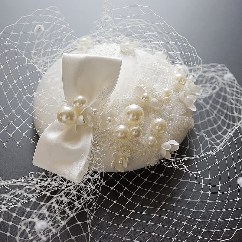 Pearl Bridal Headpiece Handmade Bride Veil Fascinator Wedding Hair Accessories Photo Pillbox Hat