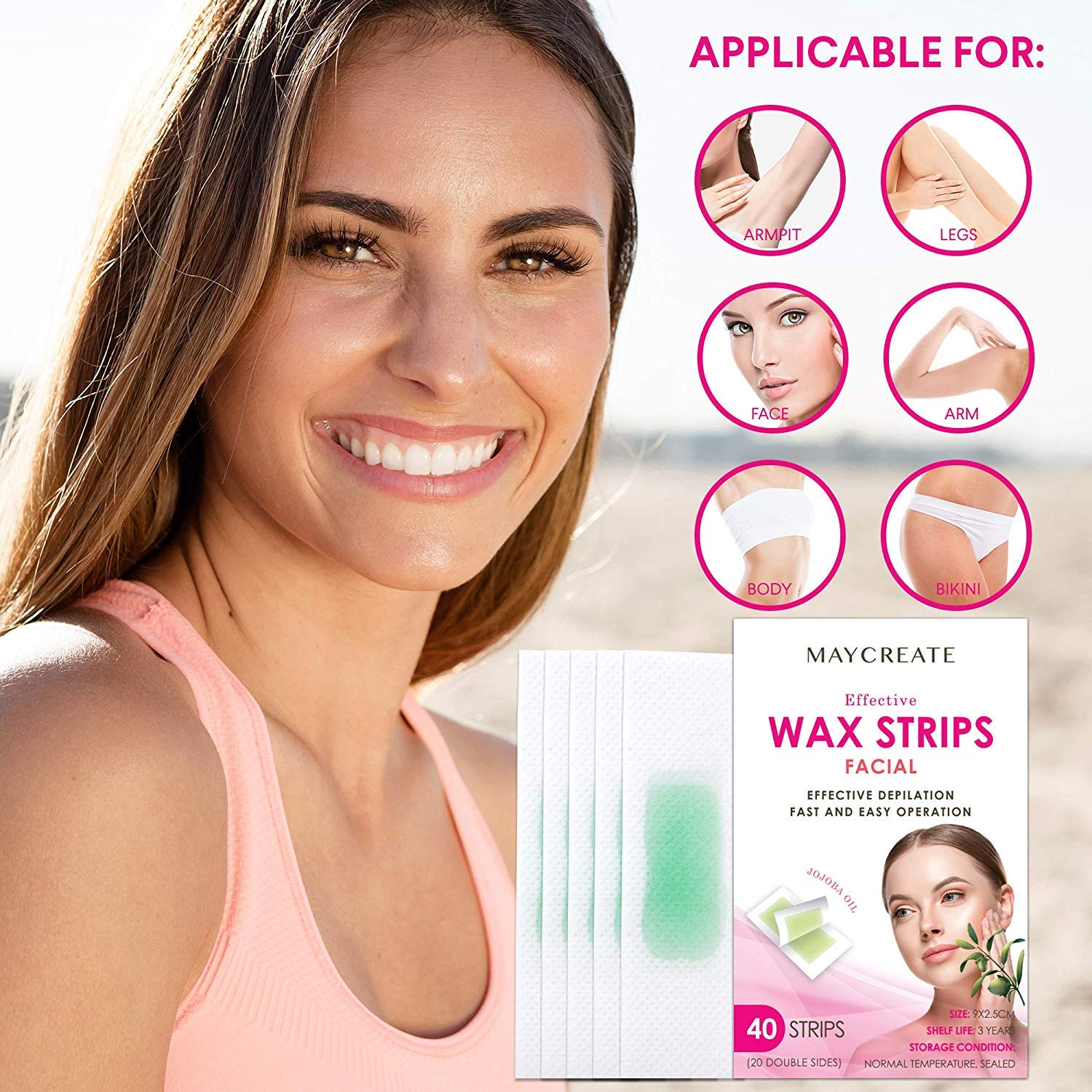 Maycreate Facial Wax Strips,Hair Removal Waxing Strips for Face Legs Underarms Brazilian Bikini Women (40 Count)