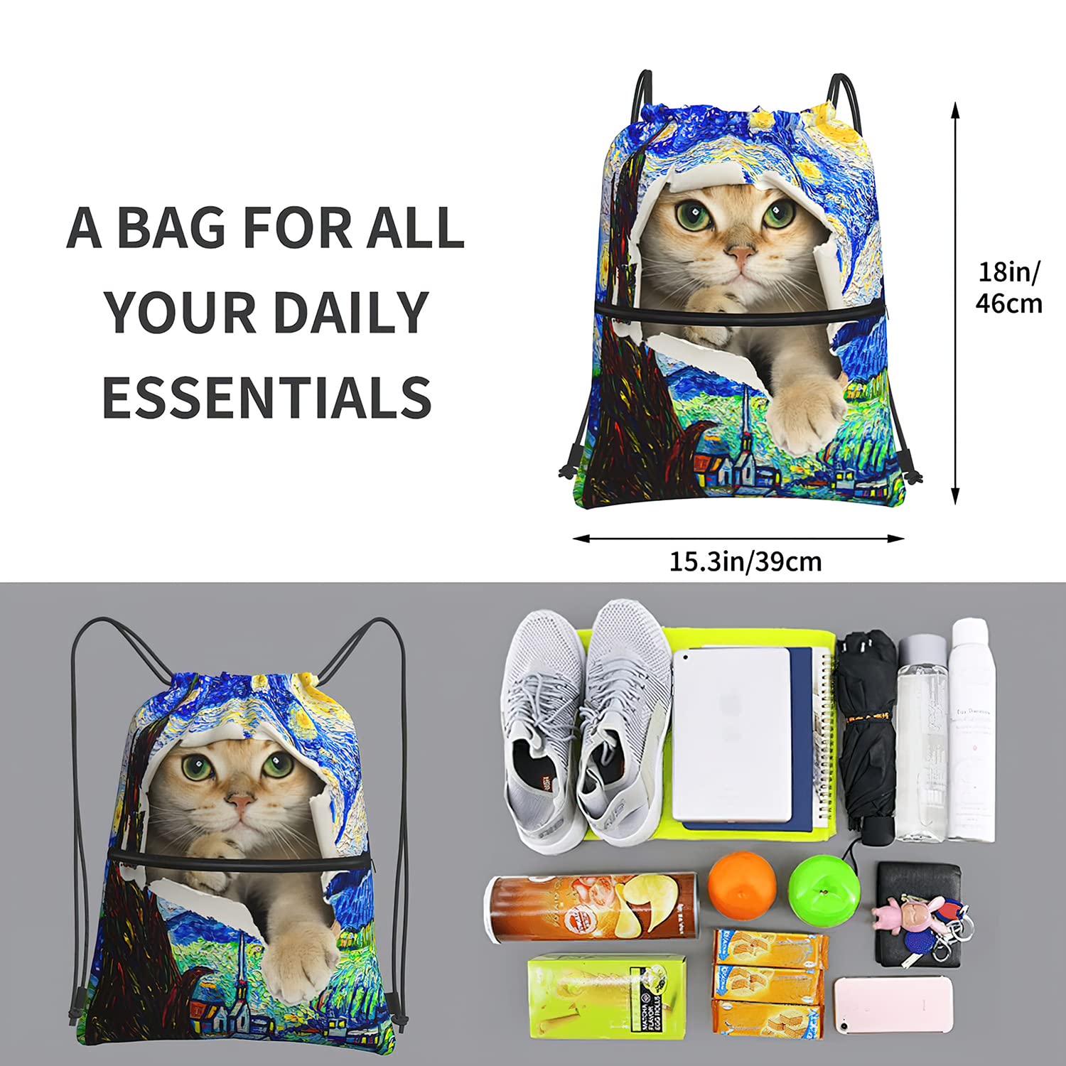 Lyiukz Hippie Mandala Drawstring Backpack Double Sided 3D Print Waterproof Sports Bag Gym Yoga By Bag