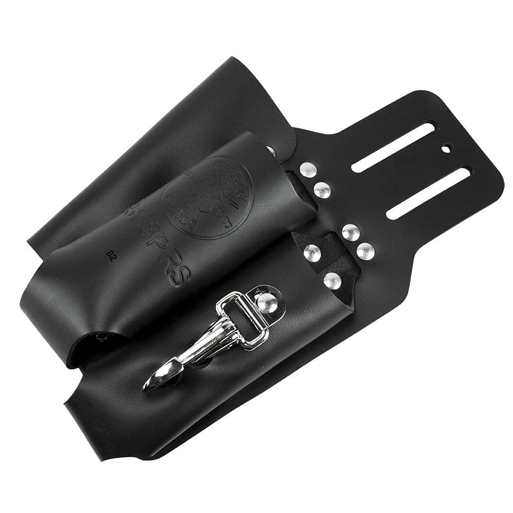 Klein Tools S5118PRS Leather Tool Holder with 3 Pockets for Pliers, Folding Rule, Screwdriver and Knife Snap, Fits Belts up to 2-Inch Wide