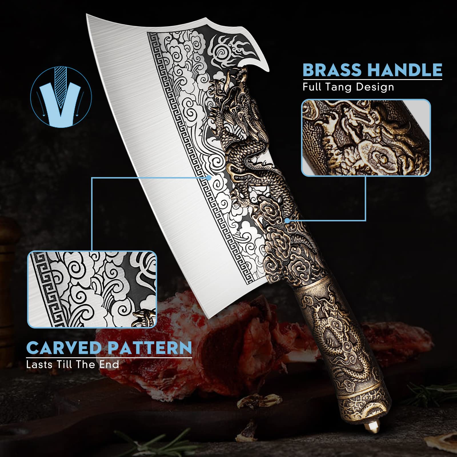 ROCOCO 2lb Dragon Butcher Knife Heavey Duty Cleaver Knife for Meat Bone Cutting 9.5" Cool Big Viking Camping Chopper Cutter with Sheath Birthday Thanksgiving Christmas Gift Idea Men