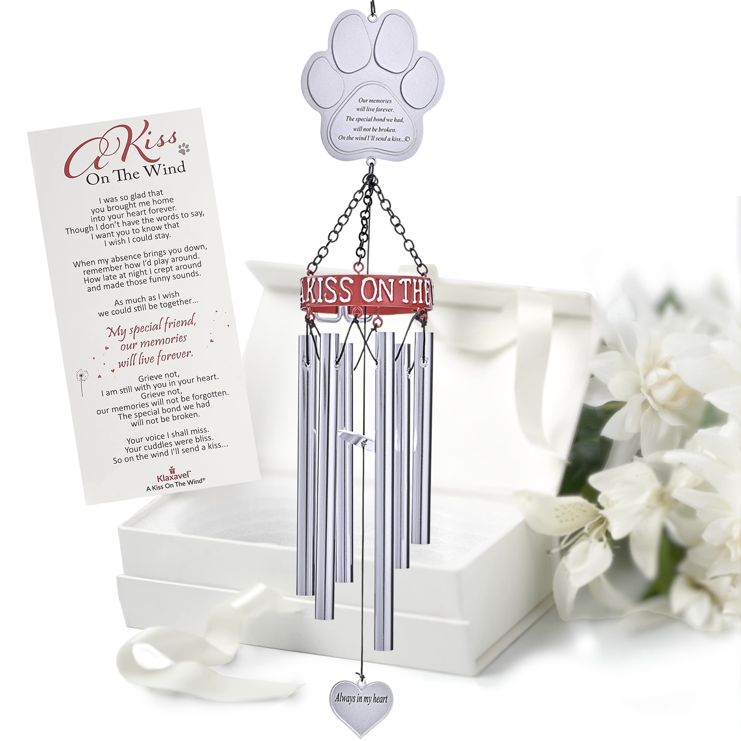 KLAXAVEL Pet Memorial Wind Chimes - 19" Rainbow Bridge Pet Memorial Gifts, Thoughtful Loss of Cat or Dog Gifts, Wind Chime with Poem and Red Collar, Durable Metal Outdoor Chimes Pet Sympathy Gift