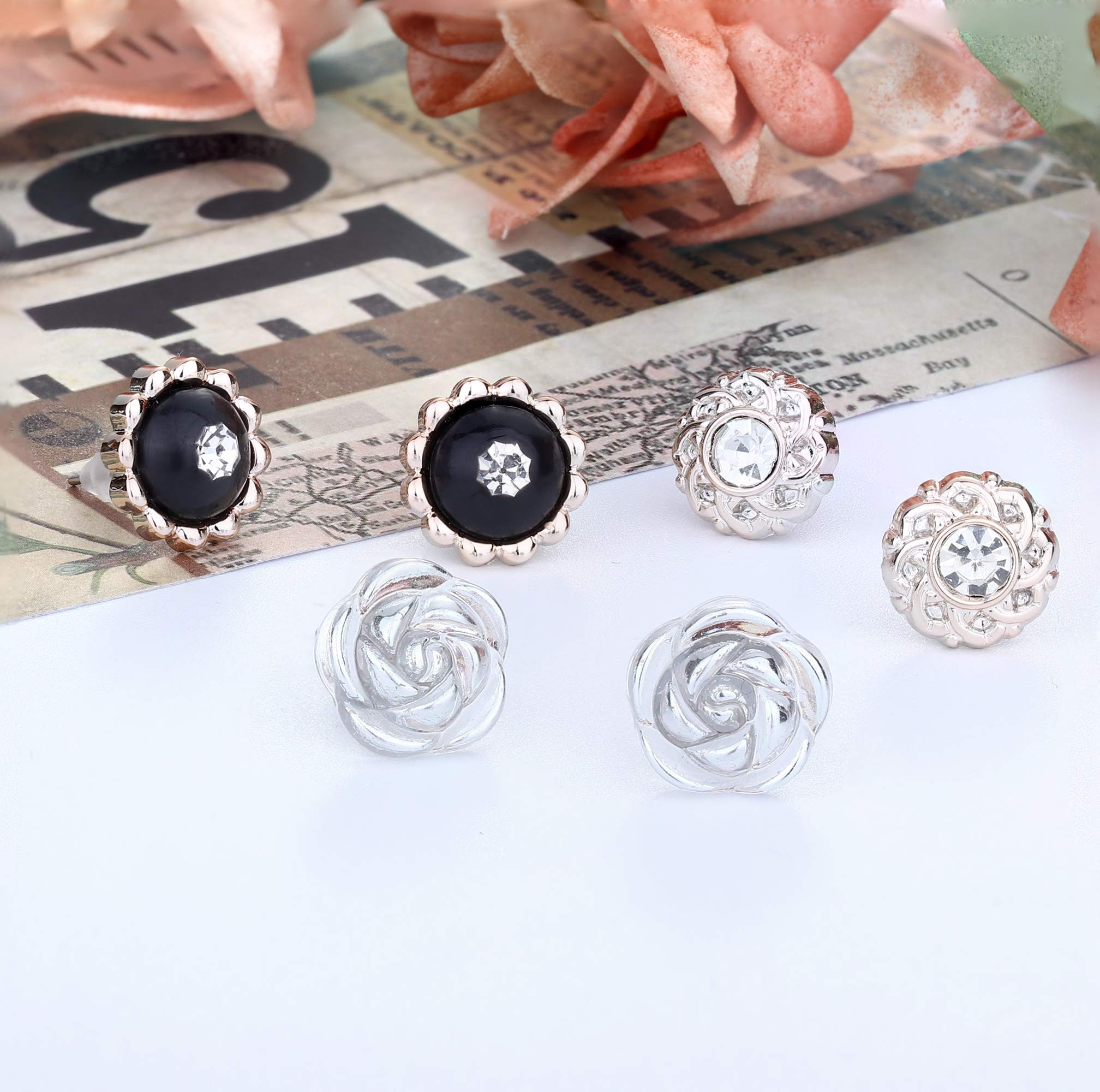 Magitaco 92 Pairs Small Stud Earrings Set for Women Men Simple Triangle Circle Ball Earrings Stud Black Silver Gold Pearl Rhinestone Cute Earrings Pack