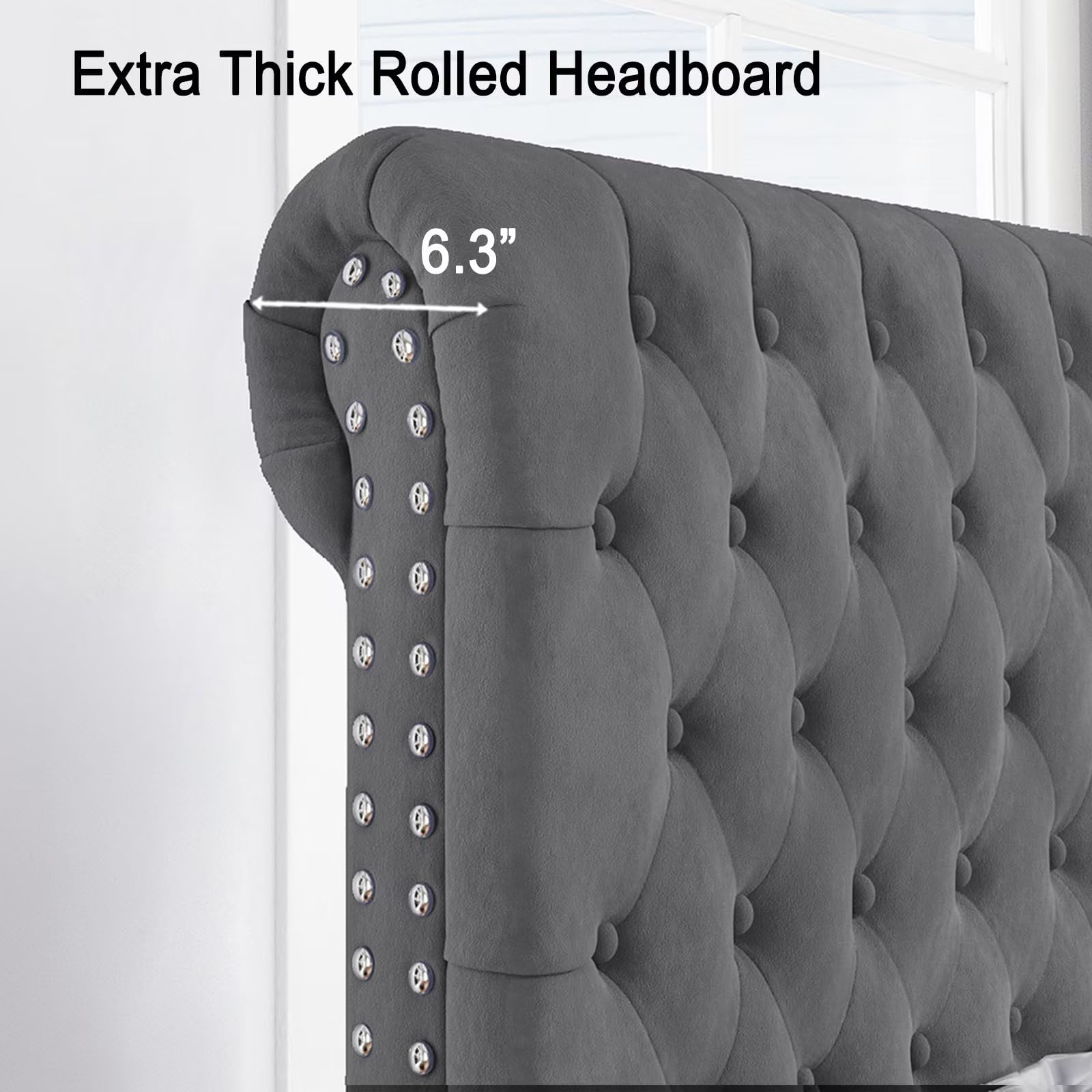 Jocisland Queen Bed Frame, Velvet Upholstered Platform Bed with Button Tufted 52.8" Tall Sleigh Headboard, No Box Spring Needed, Easy Assembly, Gray
