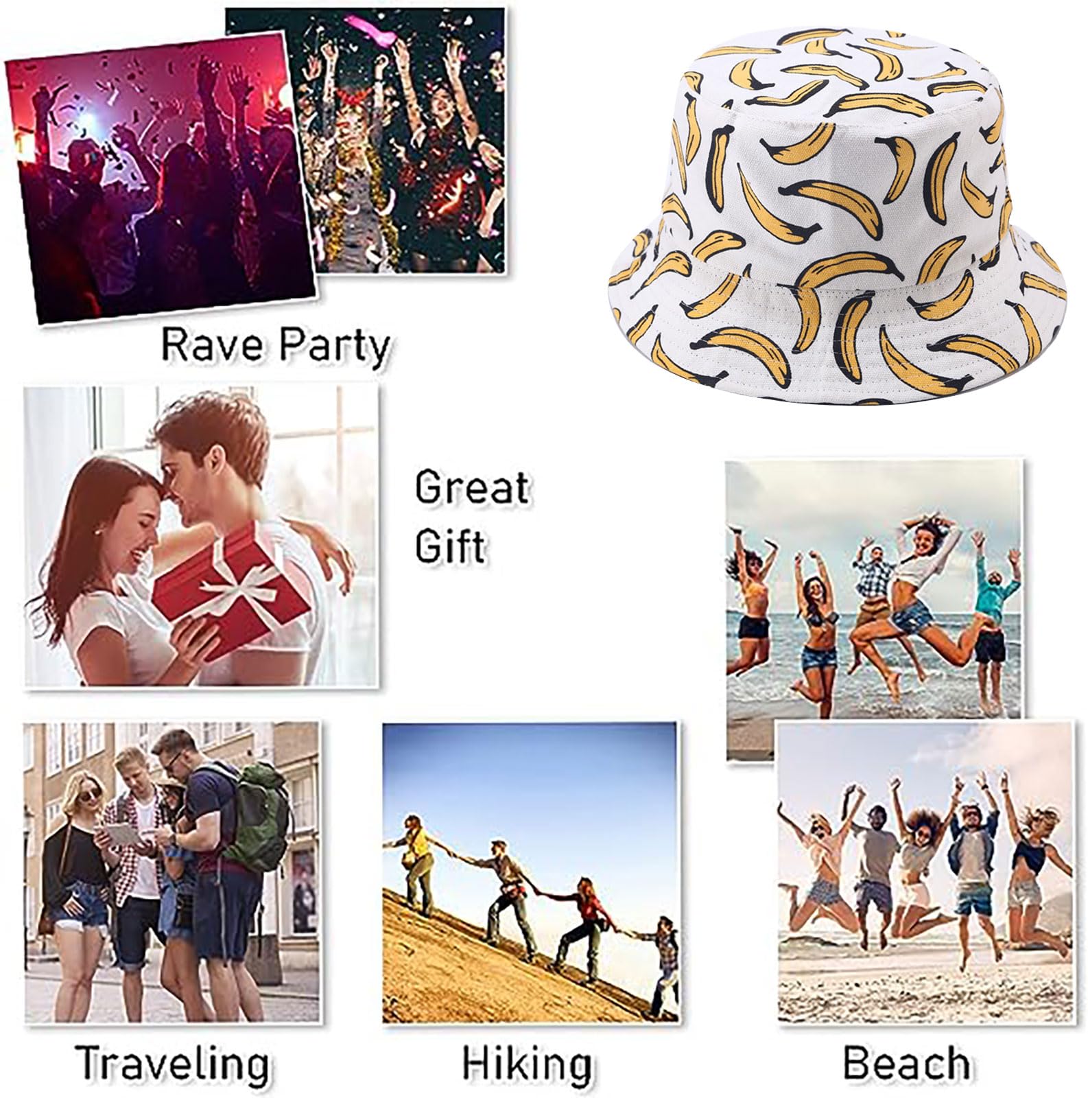 Joylife Fruit Print Bucket Hat Tropical Pattern Sun Hats Reversible Packable Fishing Cap for Women, Men, White