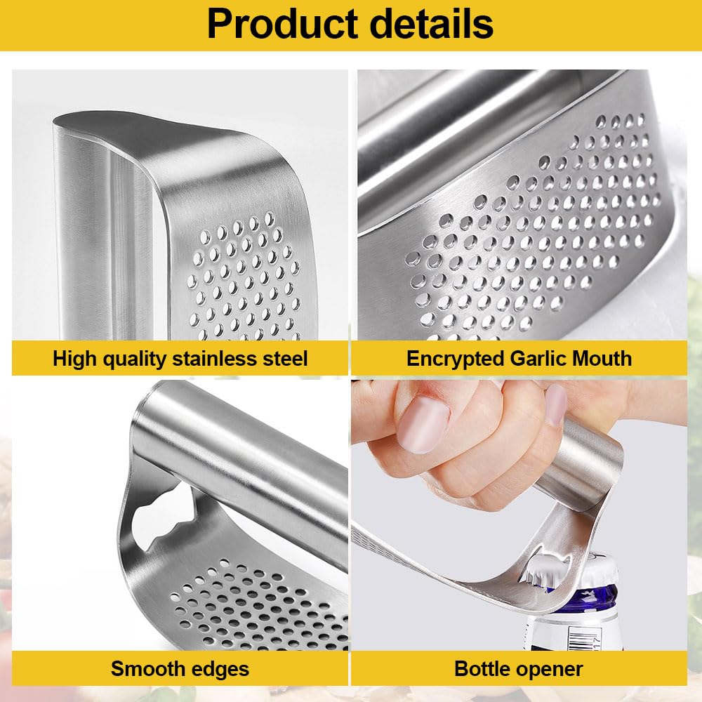 Stainless Steel Garlic Presser, 2024 New Garlic Press Rocker Garlic Mincer Garlic Crusher with Peeler and Cleaning Brush, Comfortable Handle Garlic Chopper for Smash Garlic Kitchen Tools (A)