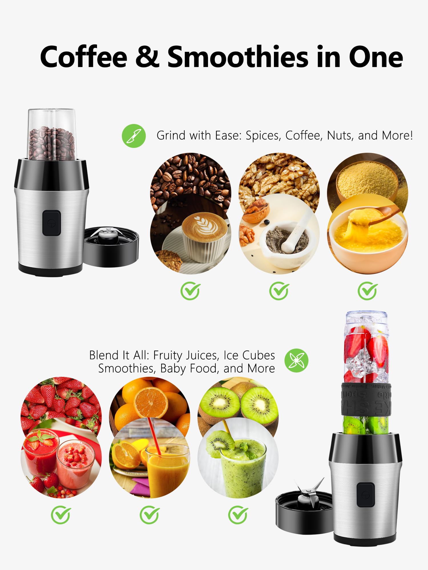 Lainsten Personal Blender, Portable Blender for Shakes and Smoothies,500W Personal blender For Kitchen Blender Set with 2X20oz Sports Mug, Grinder Cup (Black-01)