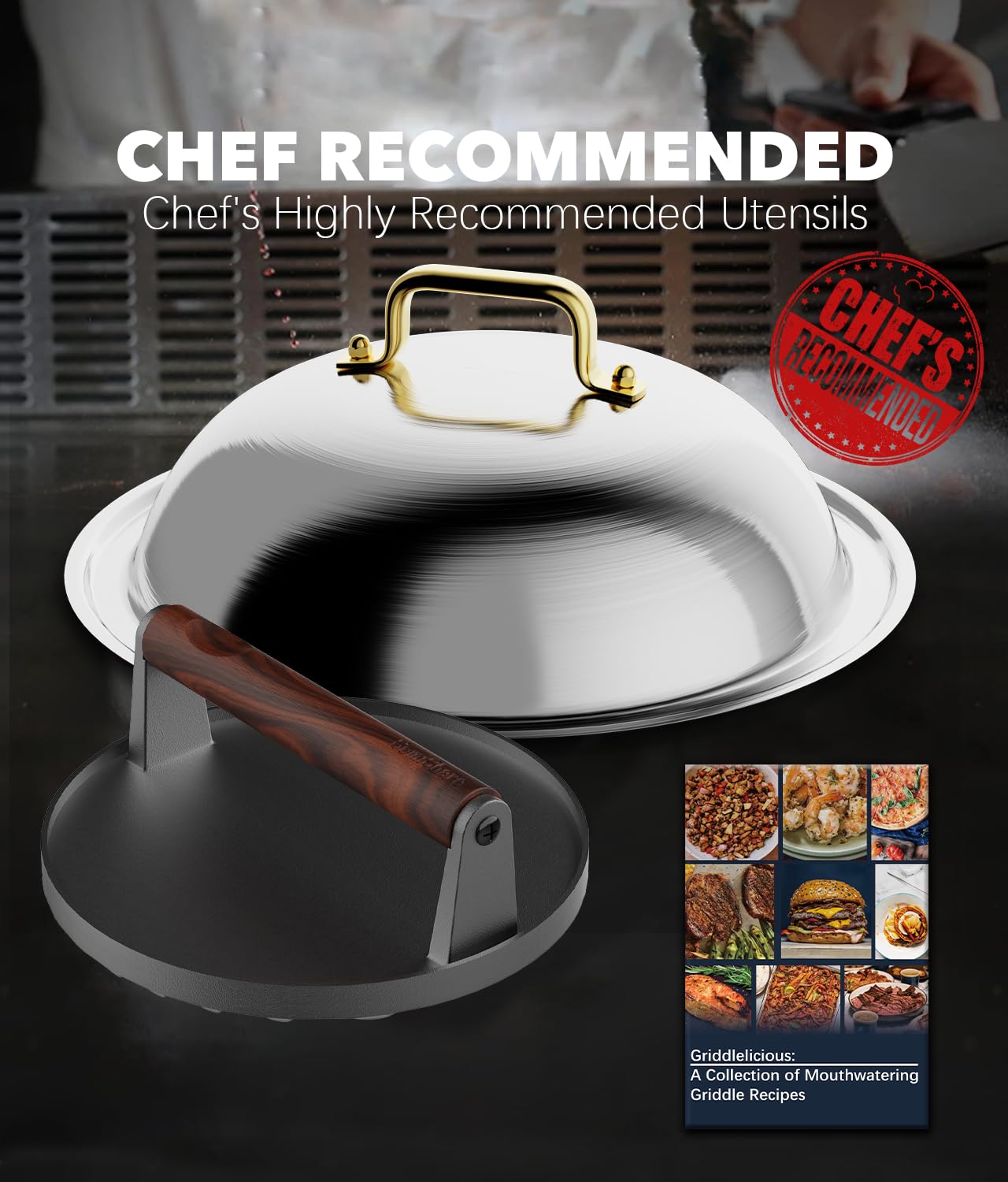 SemiShare Griddle Accessories for Blackstone, Commercial Grade 12 Inch Heavy Duty Round Melting Dome with 7" Round Cast Iron Grill Burger Bacon Press…