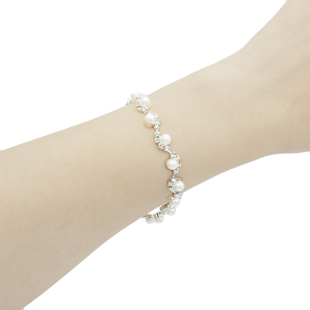 JSEA Womens 4mm Faux Pearl Wave Link Bracelet Silver Tone Rhinestone Bracelets Ladies