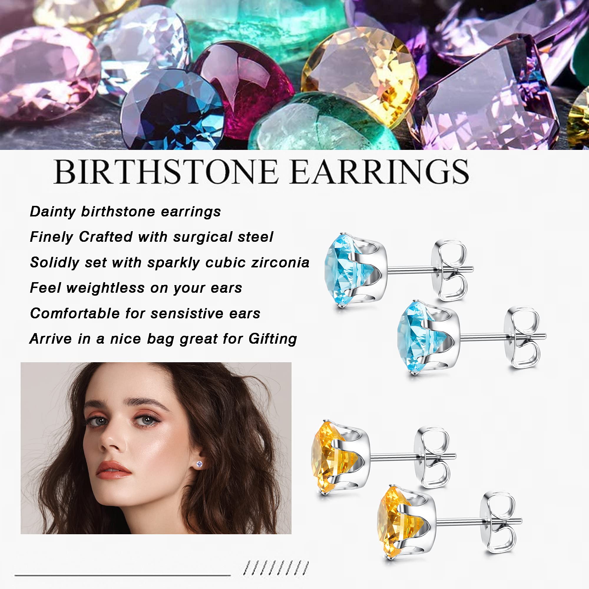 Jstyle Hypoallergenic Stud Earrings for Women Men Surgical Stainless Steel Birthstone Earrings Studs Colorful Cubic Zirconia Earrings Set Womens small Stud Post Earrings for Sensitive Ears