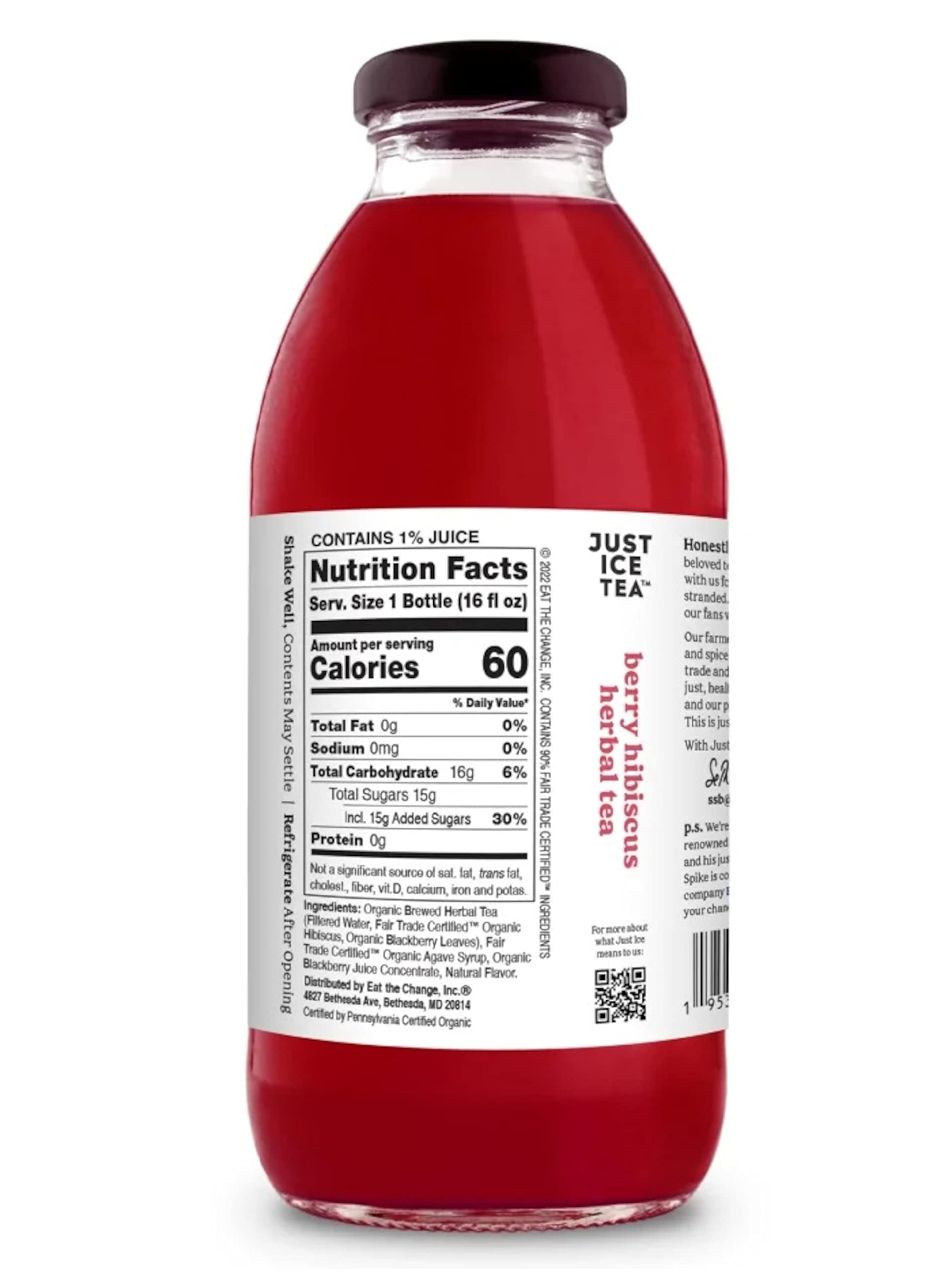 Just Ice Tea Organic Iced Tea, 16 Fl Oz Glass Bottles (Berry Hibiscus Herbal Tea, Pack of 12)