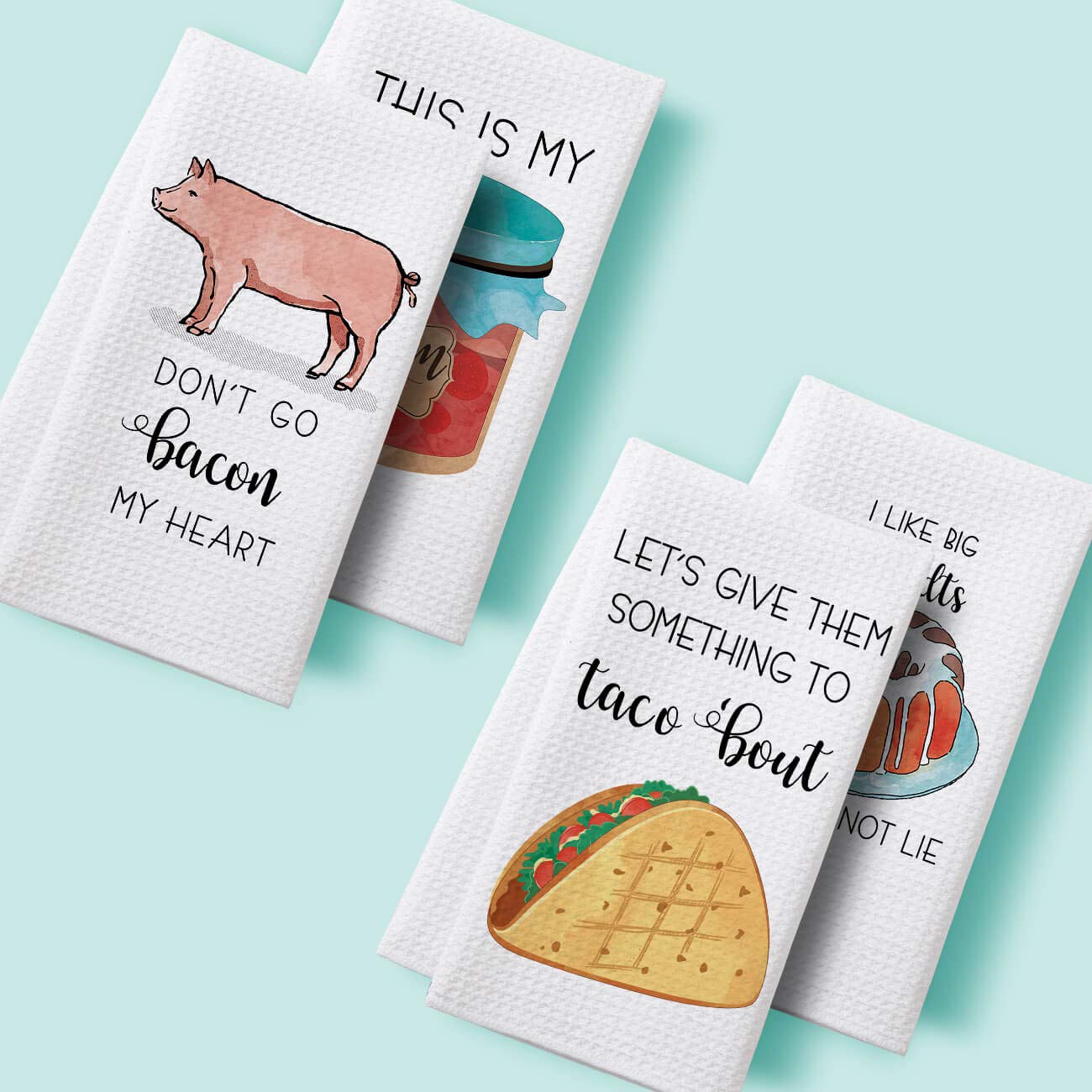 KLL Funny Microfiber Waffle Towels - Set of 4, Lightly Waffled, 16in x 23.5in, Lint Free, Great for Kitchen, Dishwashing, Cleaning, Decor, Gifts