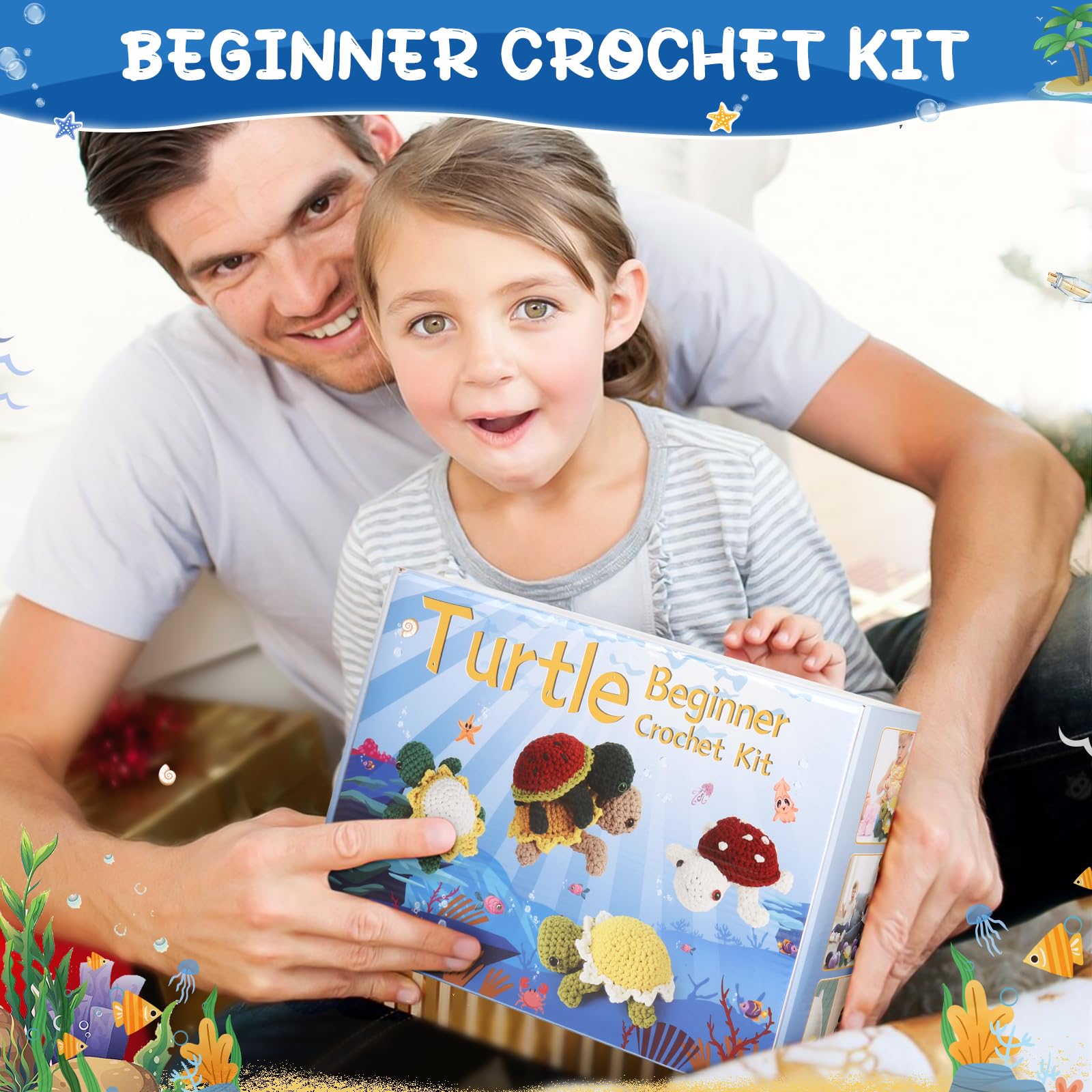 Katech Crochet Kit for Beginners-Super Easy Beginner Crochet Animal Kit for Adults Kids with Step-by-Step Video Tutorials, Easy-to-See Stitches Yarn for Beginners Crochet Turtle Kit Making