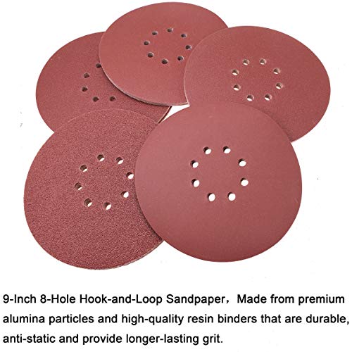 Sackorange 50 PCS 9-Inch 8-Hole Drywall Sanding Discs Set -10 PCS Each of 60 80 120 150 240 Grits,9" Hook-and-Loop Aluminum Oxide Sander Paper for Drywall Sander