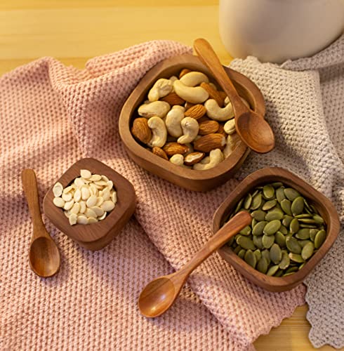 Tiny Acacia Wood Nesting Square Set 3 Serving Bowl 3¾”, 2¾”, 2⅛” Small 3 Wooden Spoon Mix size Stackable little Dish for Prep Salt Pepper Mustard Wasabi Dip sauce Salsa Nut Tableware Wooden Nest Bowl