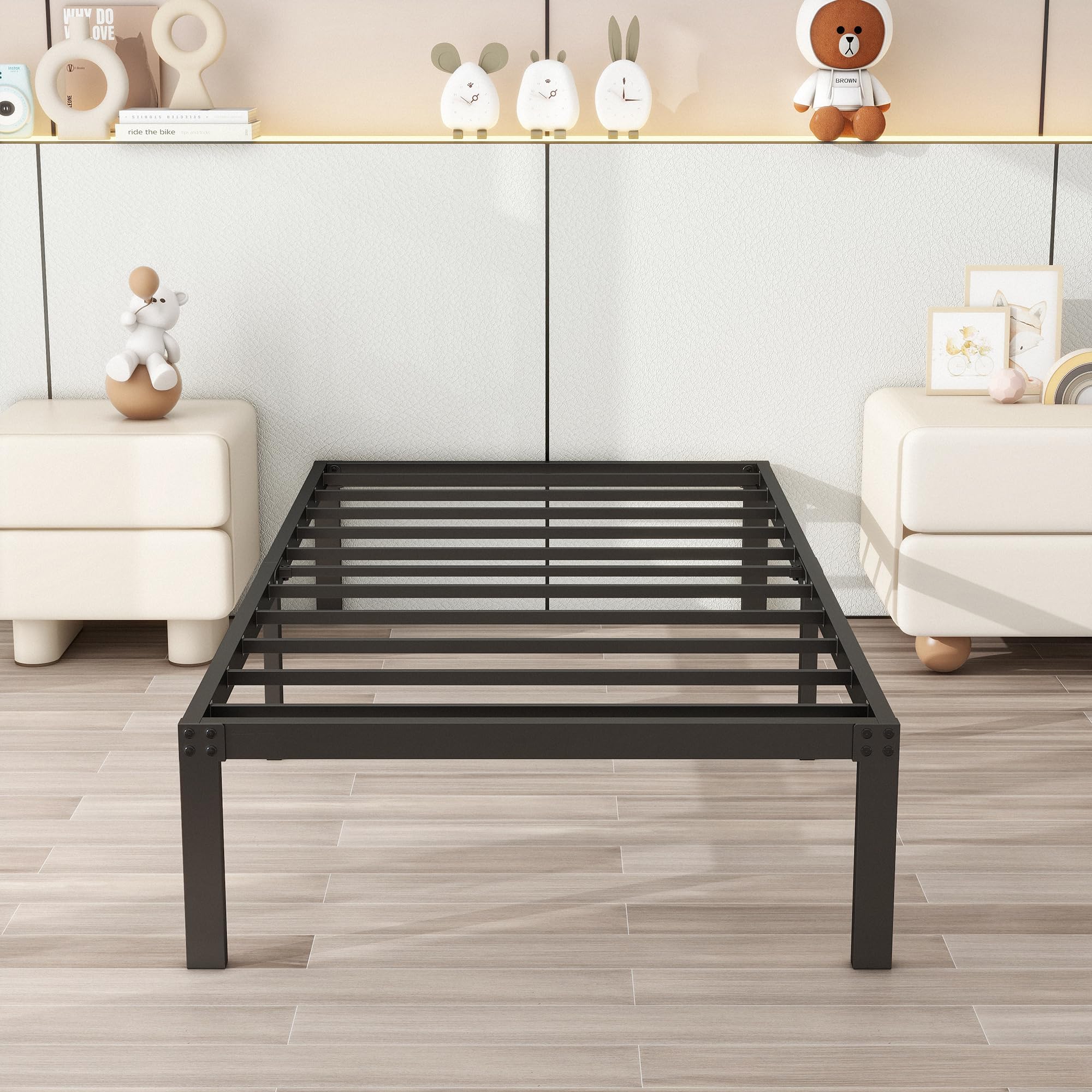 JUISSANO 14 Inch Twin Bed Frames, Heavy Duty Metal Platform Bed Frame Twin Size, No Box Spring Needed, with Storage, Double Reinforcement Noise Free, Textured Black