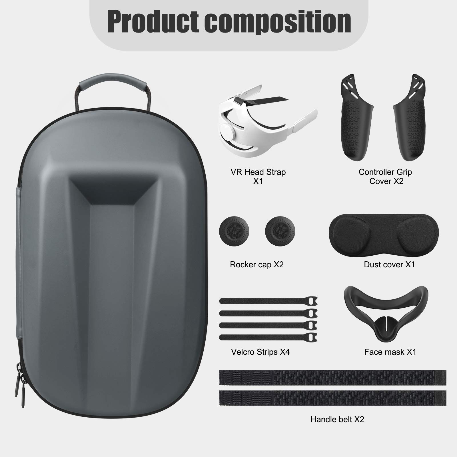 MASiKEN Advanced 6-in-1 Accessories Compatible for Meta/Oculus Quest 2 - Head Strap with Carrying Case,Face Cushion,Controller Grips Cover, Enhanced Support and Comfort in VR,Travel Bundle