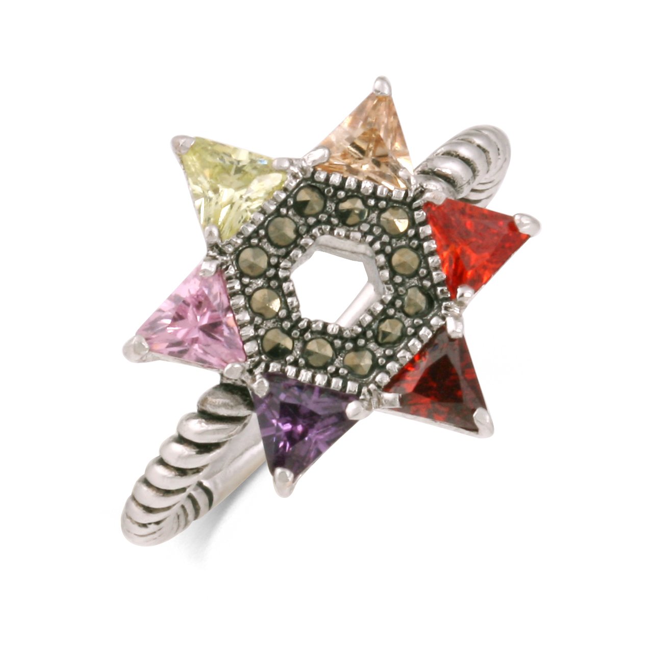JanKuo Jewelry Rhodium Plated Multicolor Cubic Zirconia Jewish Star of David Twisted Rope Ring (6)
