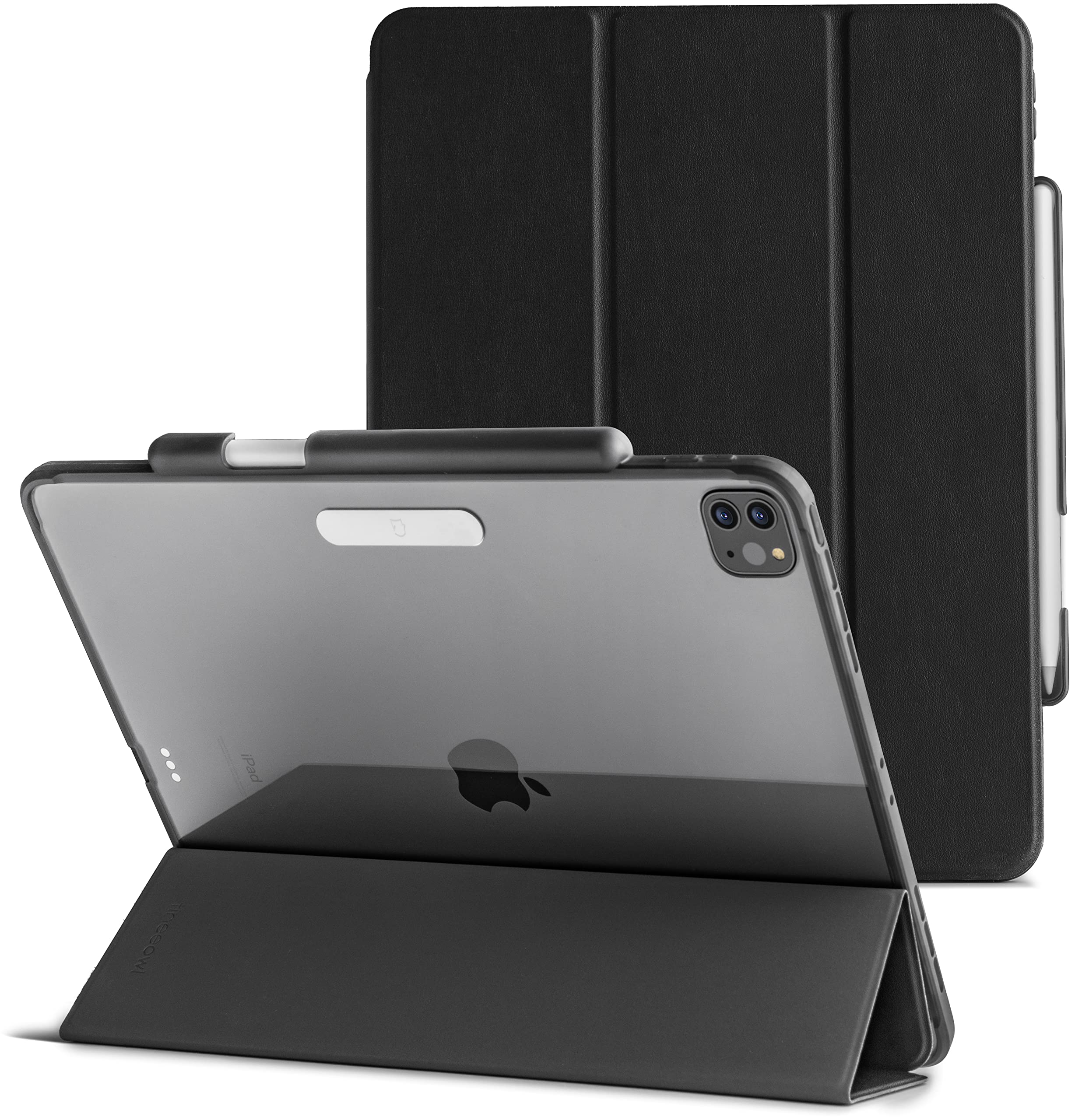 TineeOwl Mocha iPad Pro 11 inch Case 2022, 2021, 2020, 2018 (4th, 3rd, 2nd, 1st Generation) Ultra Slim Clear Case with Pencil Holder + Tri-fold Stand Cover, Lightweight (Frosted Black/Clear Back)
