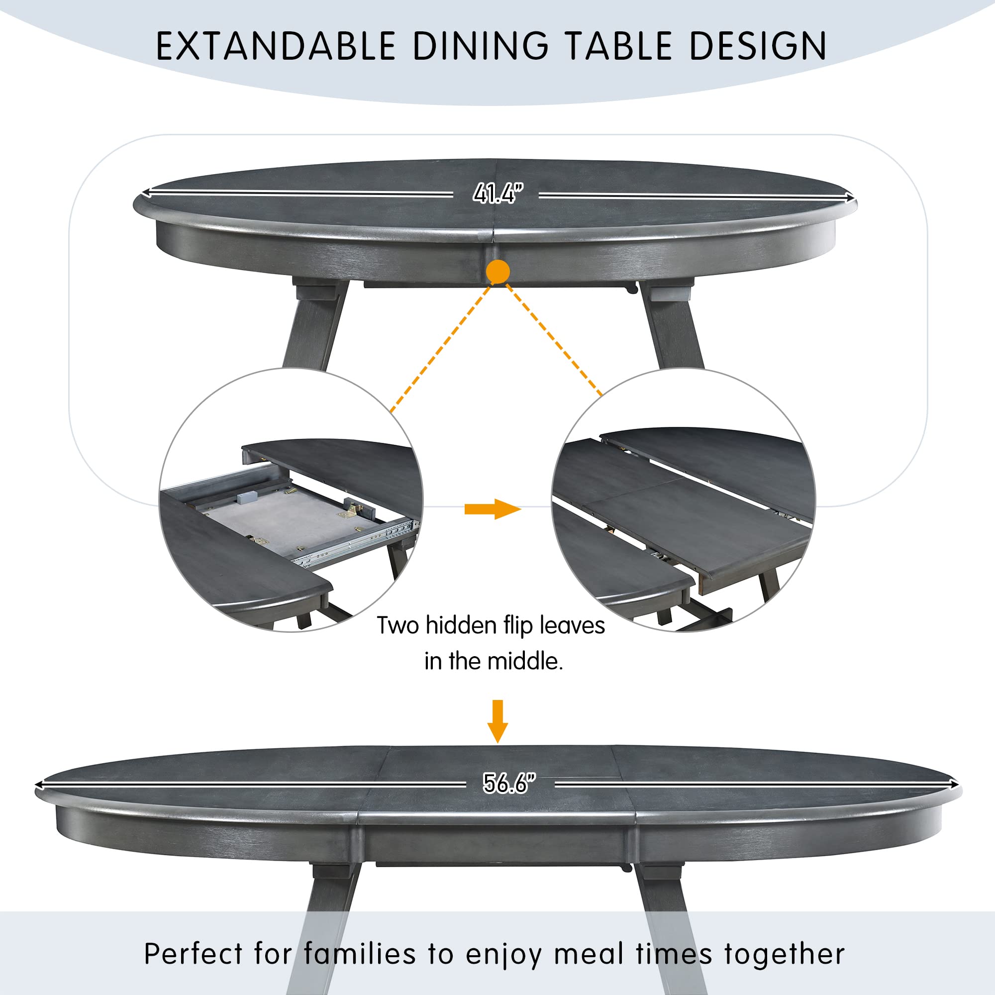 LAVHOME 5-Piece Extendable Round Set with 4 Chairs, Wood Kitchen Table for 4 People for Dining Room (Gray)