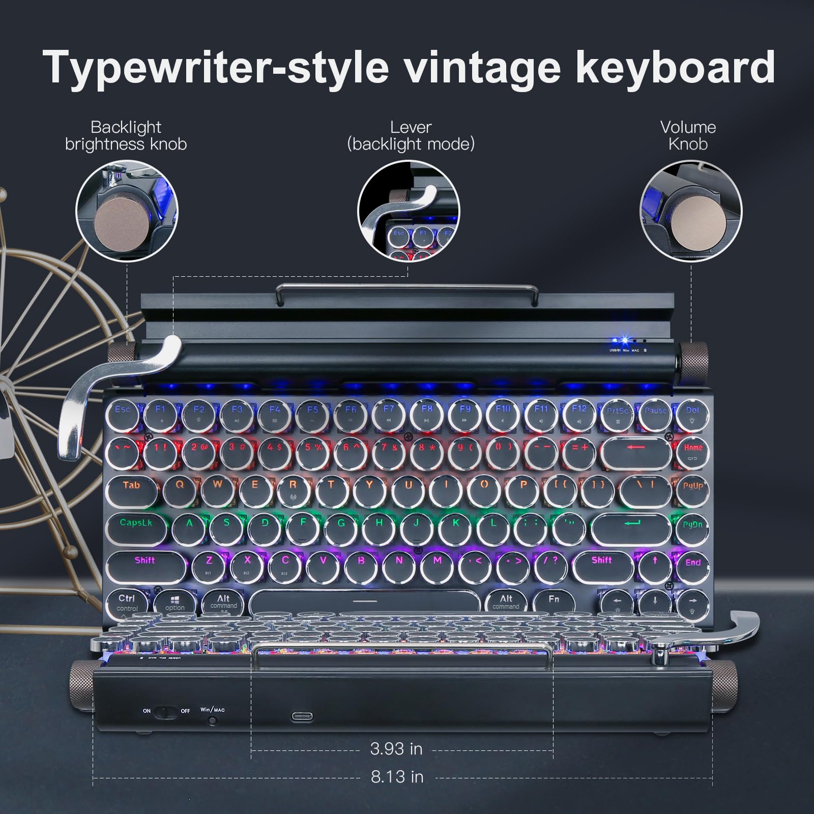 RAZEAK Typewriter Keyboard Wireless, Retro Keyboard Typewriter Style Mechanical Switches Multi Devices Connection for iPad/Mac/PC/Tablet Upgraded USB-C Interface (Leather Black)