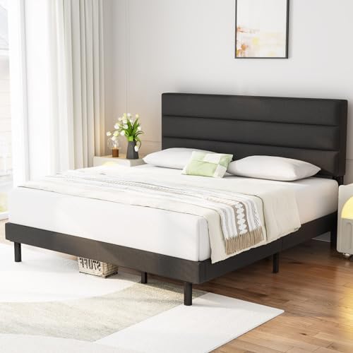 IYEE NATURE Queen Size Bed Frame with Headboard,Sturdy Platform Bed with Wooden Slats Support,No Box Spring,Mattress Foundation,Easy Assembly,Dark Grey