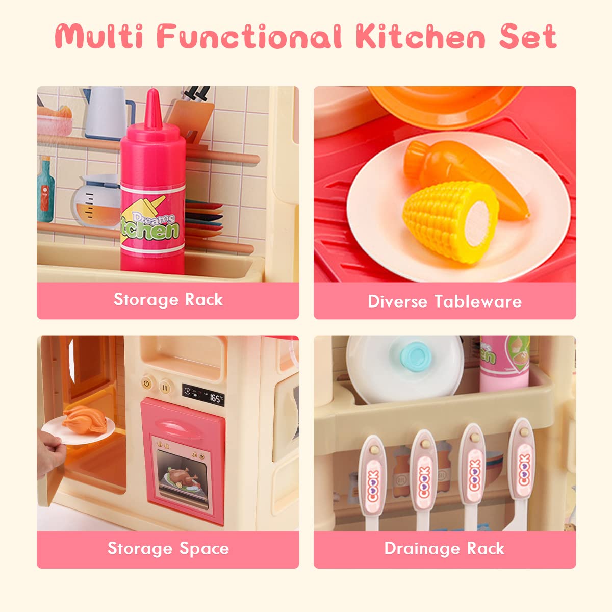 Kids Kitchen Playset, 34" Kitchen Set for Kids Ages 3-5 with Realistic Lights & Sounds, Simulation of Spray, includes Toy Kitchen Accessories, Pretend Play Kitchen Toy