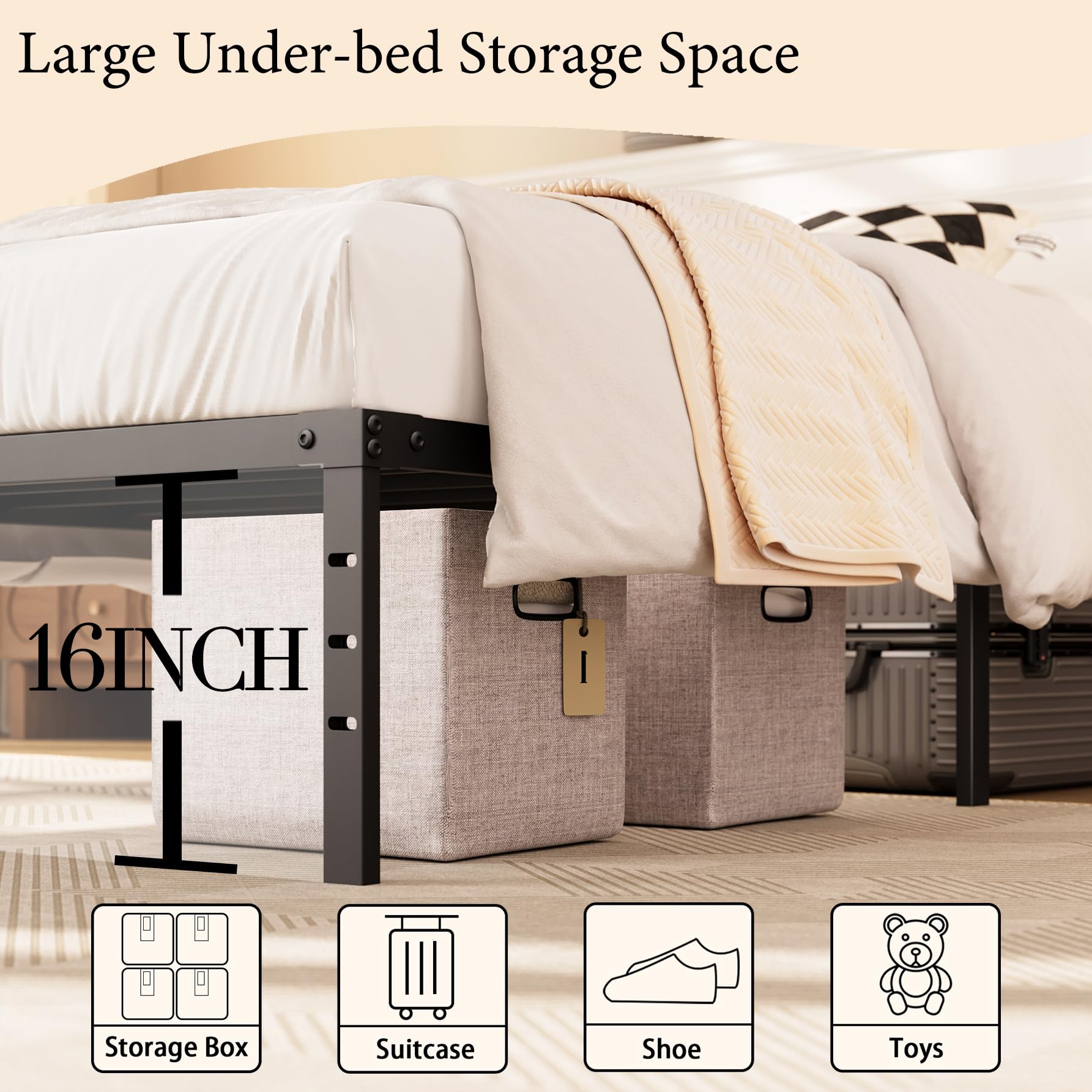 Jebosam 18 inch High Bed Frame Full Size Heavy Duty Platform Steel Support 2500 lbs Full Size Bed Frame No Box Spring Needed Non-Slip Noise Free Easy to Assembly Black Metal Bed Frame Full