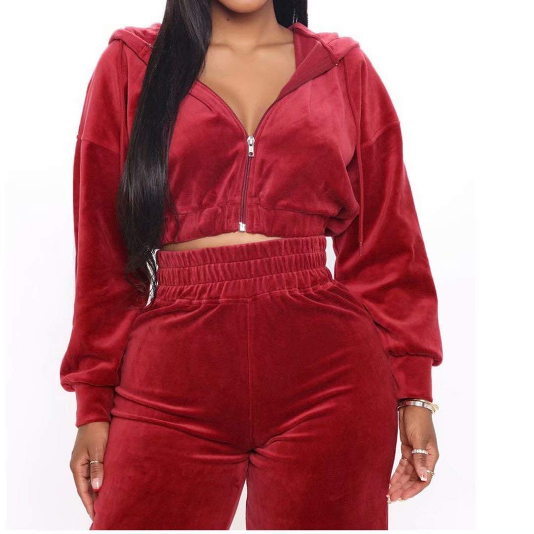 IyMoo Women's Solid Velour Sweatsuit Set Hoodie and Pants Sport Suits Tracksuits Red M