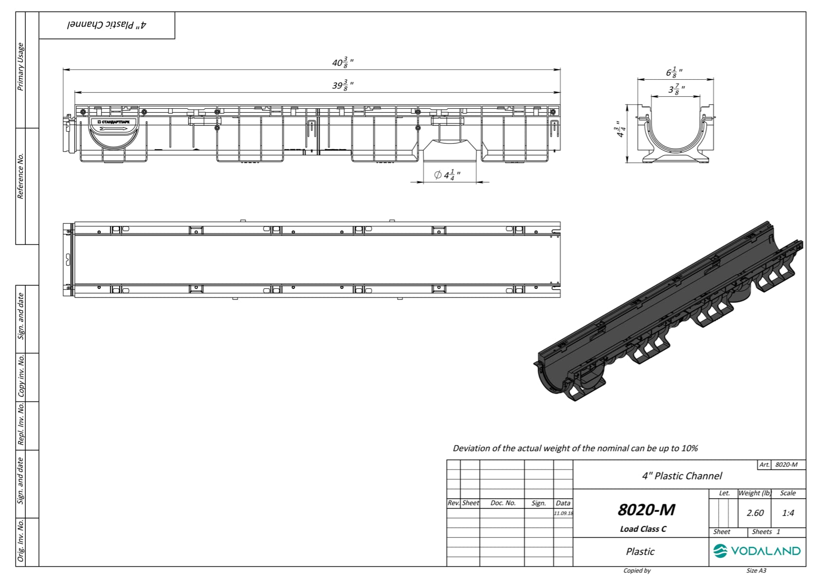 Vodaland - 4 inch Trench Drain cast Iron Package Slotted - 4.8" Depth - PC8020