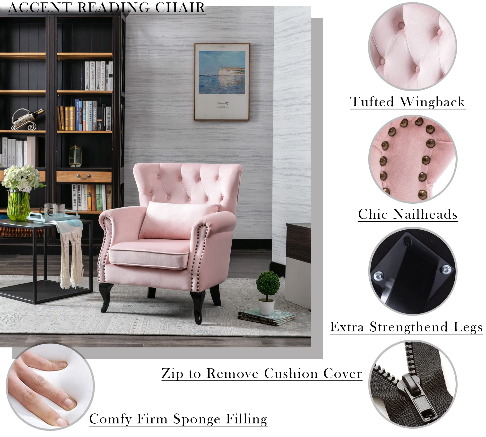 Janoray Mid Century Modern Accent Chair Upholstered Armchair Comfy Velvet Fabric Single Sofa with Tufted Wingback for Small Spaces Bedroom Living Room, Pink