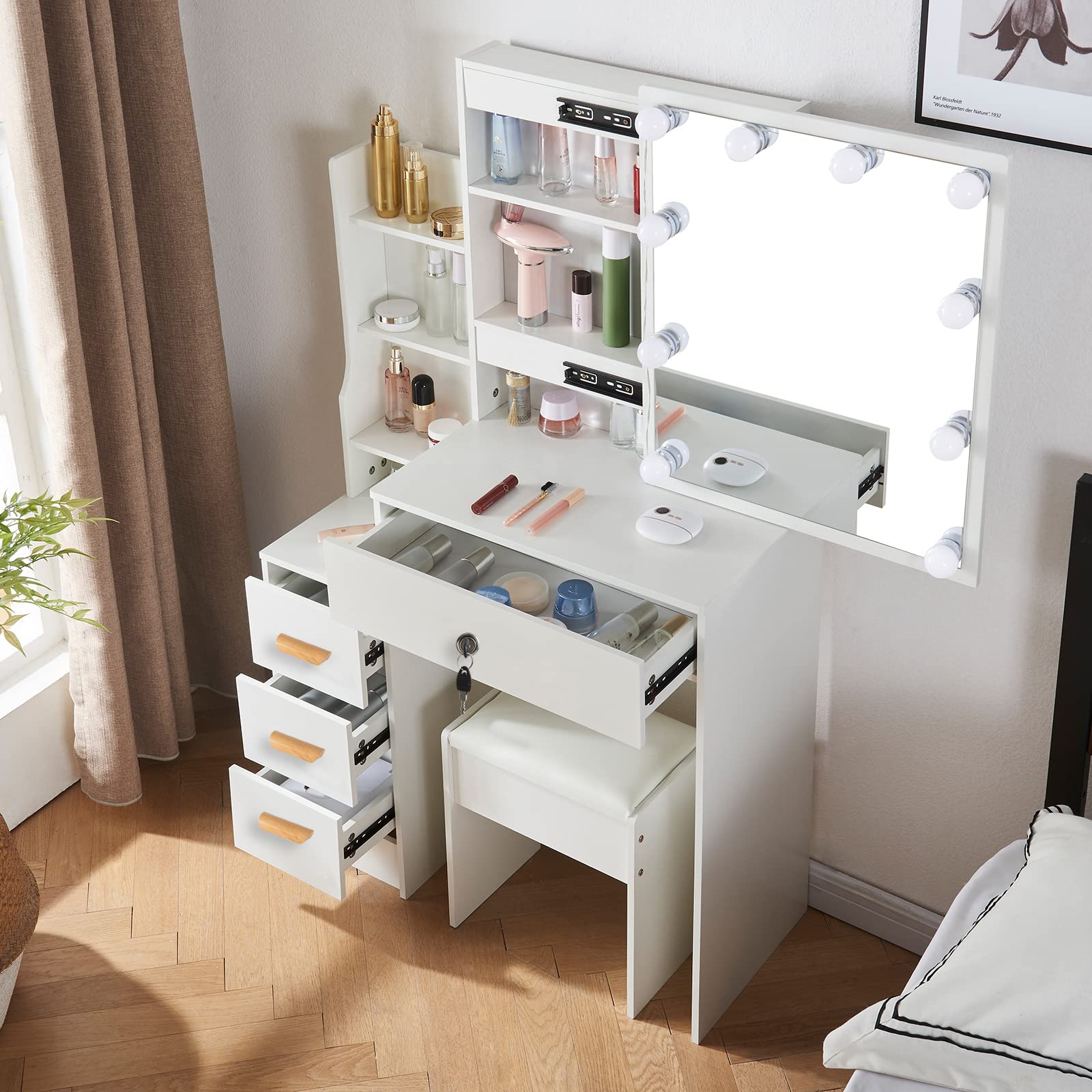 Jansaimei Makeup Girls Vanity Desk Set with Lockable Drawers, Large Storage Capacity Dressing Table with Sliding Mirror, 3 Color Lighted Modes with Cushion Chair for Bedroom. White