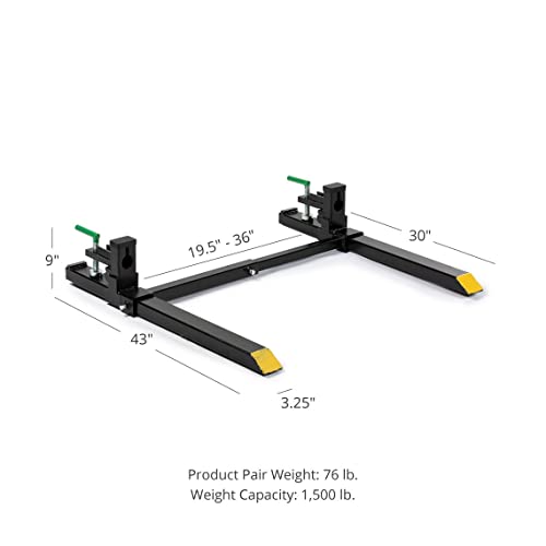 Titan Attachments Light-Duty 43" Clamp-On Pallet Forks with Adjustable Stabilizer Bar, 30" x 3" Fork Length, Rated 1,500 LB, Easy to Install on Loader or Skid Steer Bucket